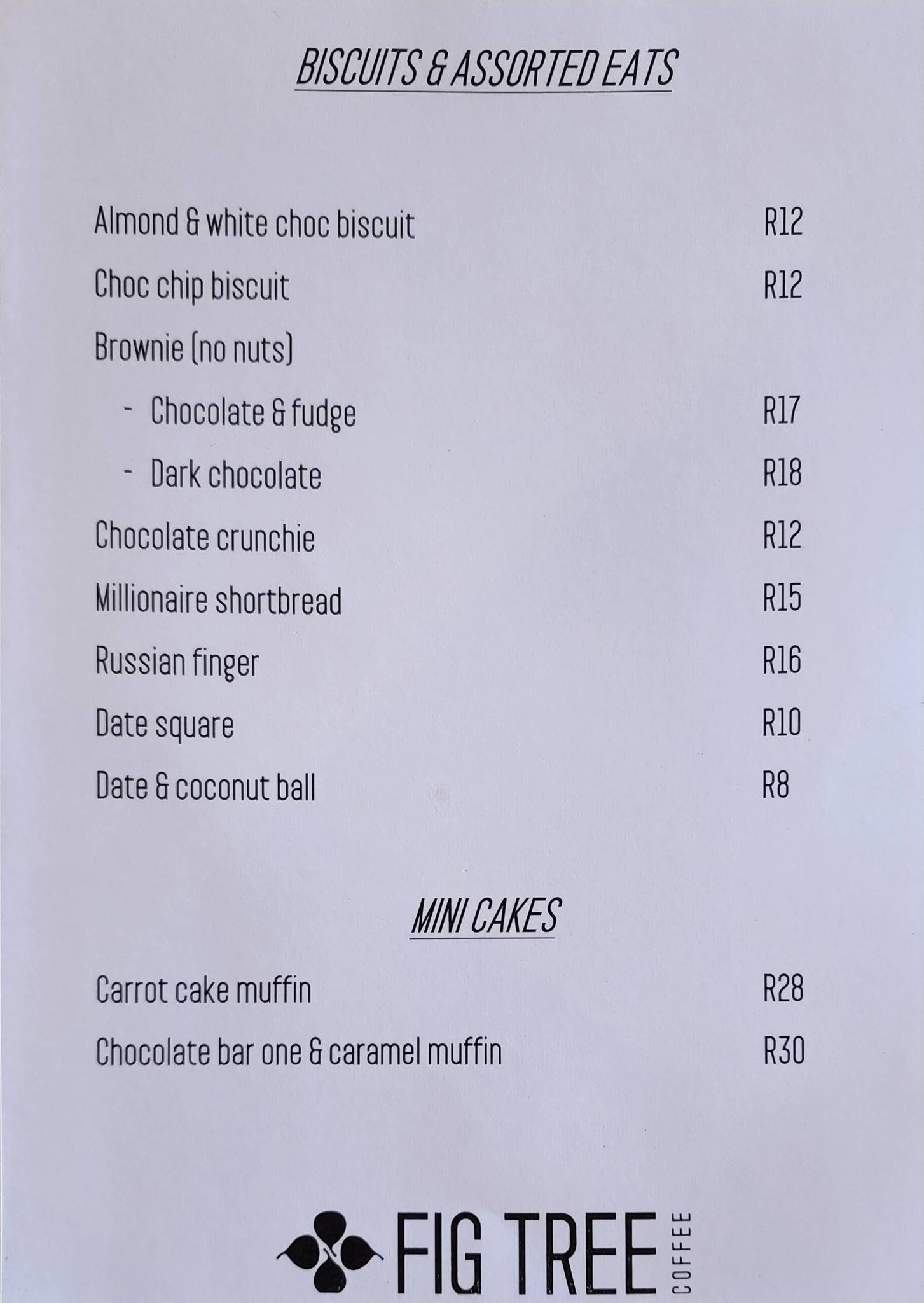 Menu at Fig Tree Coffee cafe, Durban North