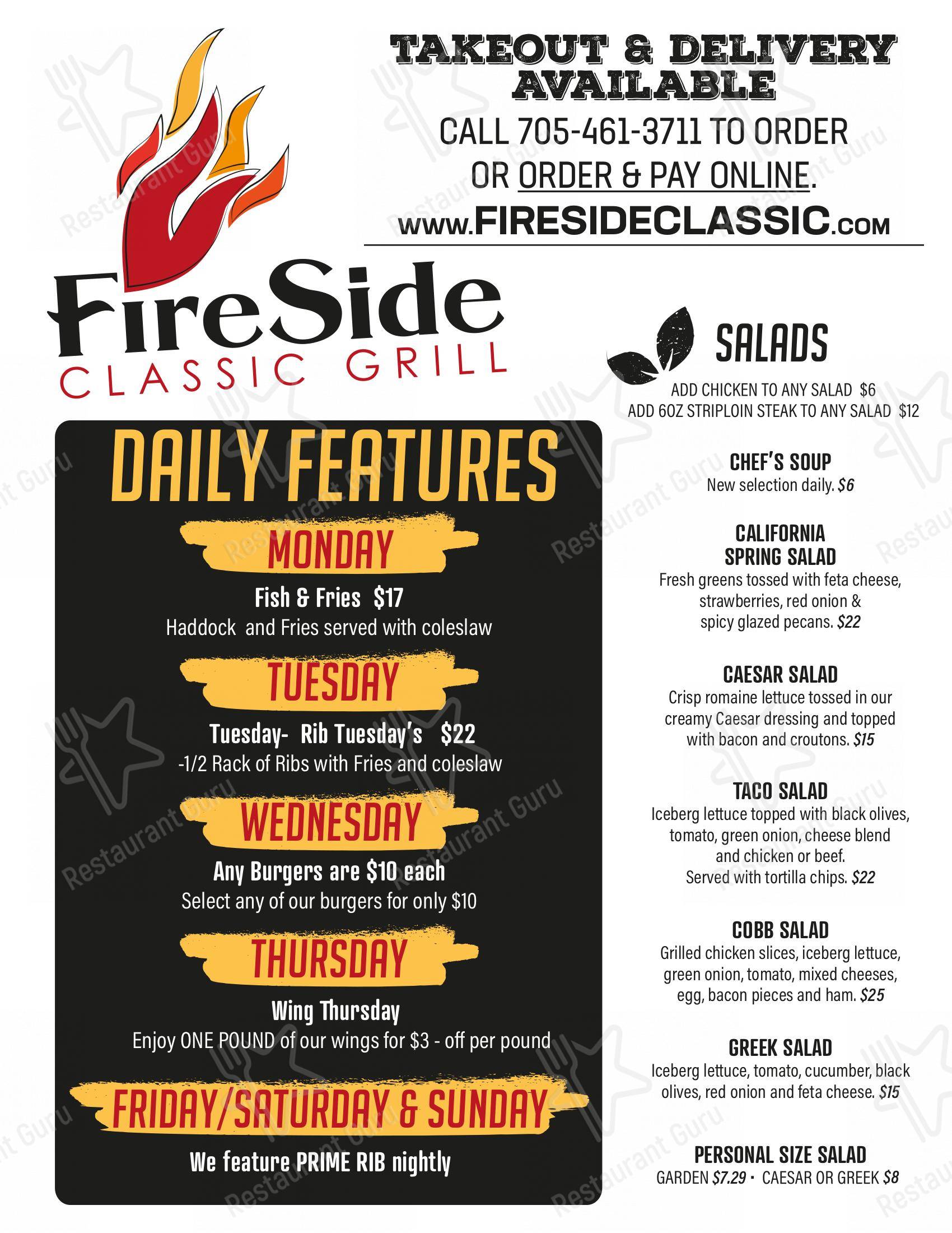 Menu at FireSide Classic Grill restaurant, Elliot Lake