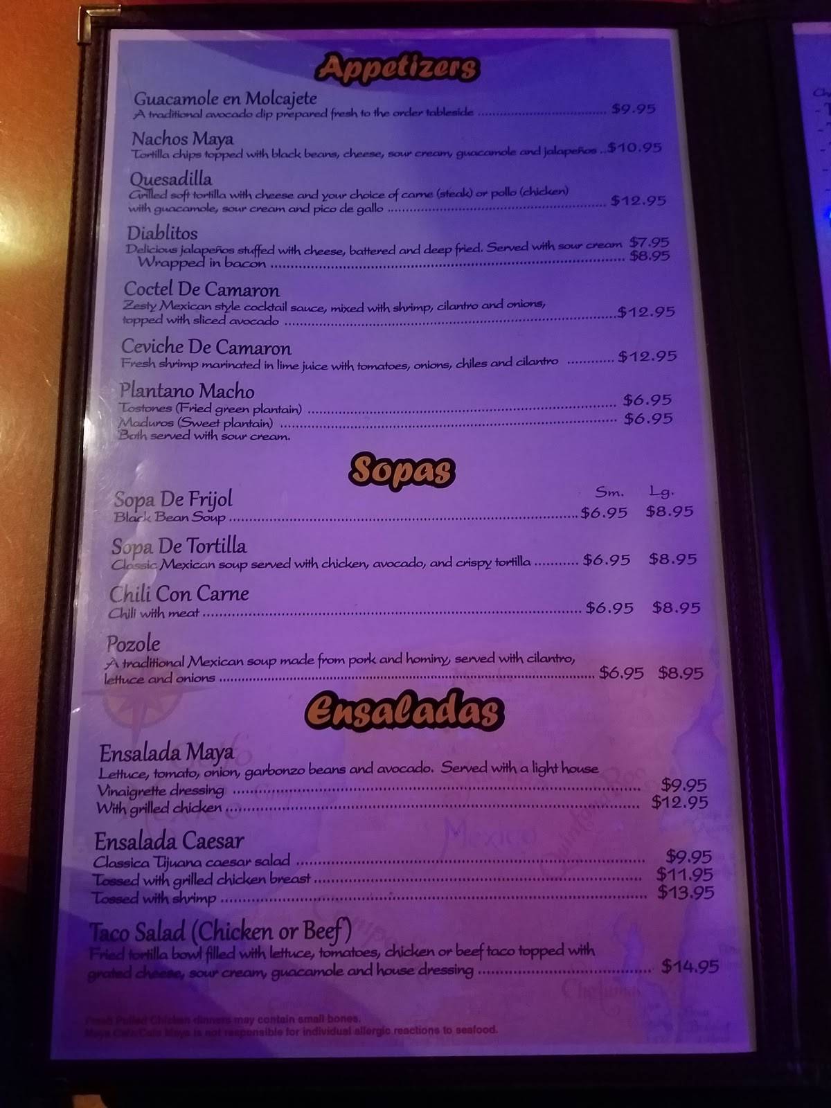 Menu at Maya Cafe, Fishkill