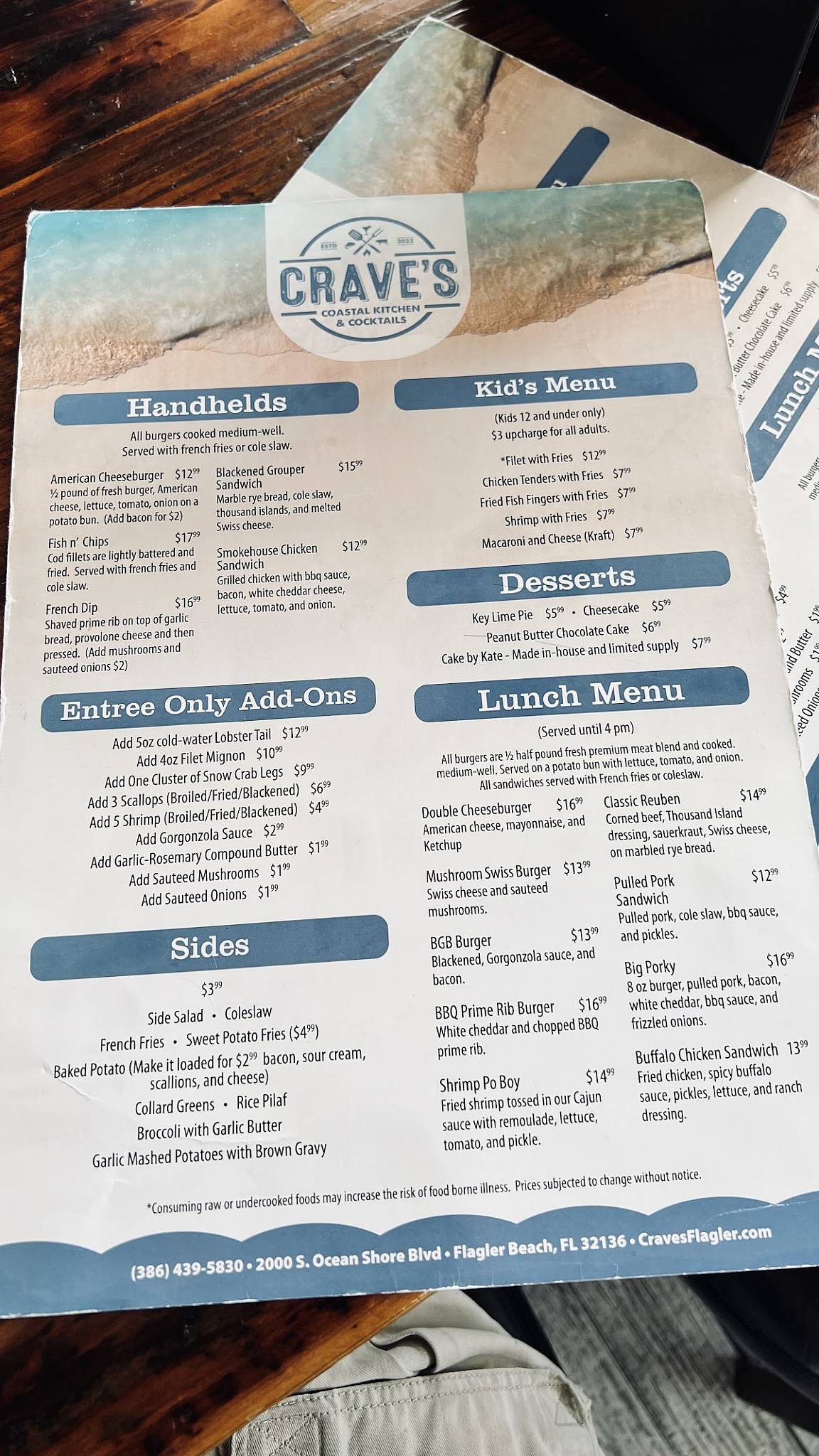 Menu at Crave's Coastal Kitchen & Cocktails pub & bar, Flagler Beach