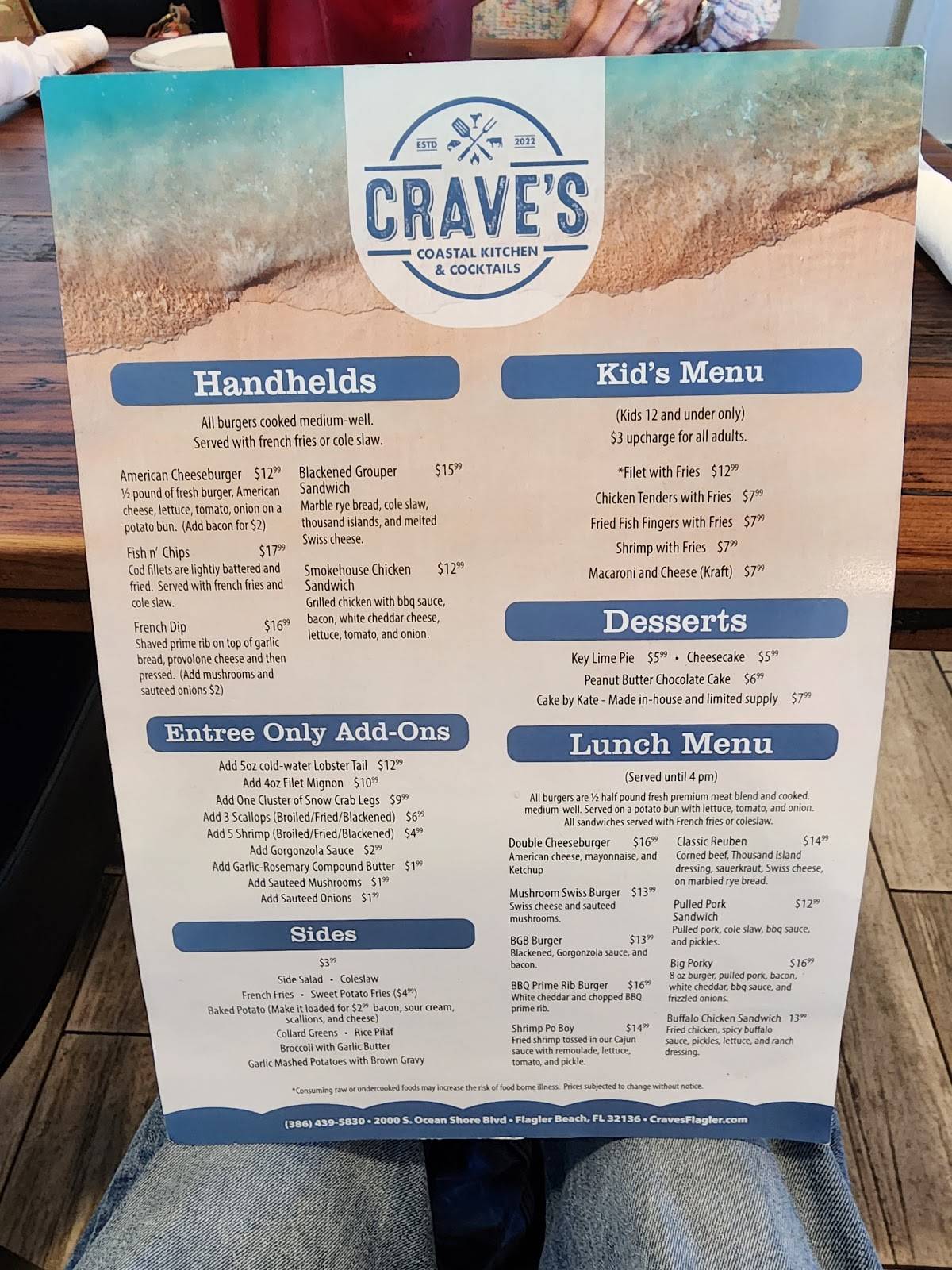 Menu at Crave's Coastal Kitchen & Cocktails pub & bar, Flagler Beach