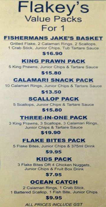 Menu at Flakey Jakes fast food, Ashburton