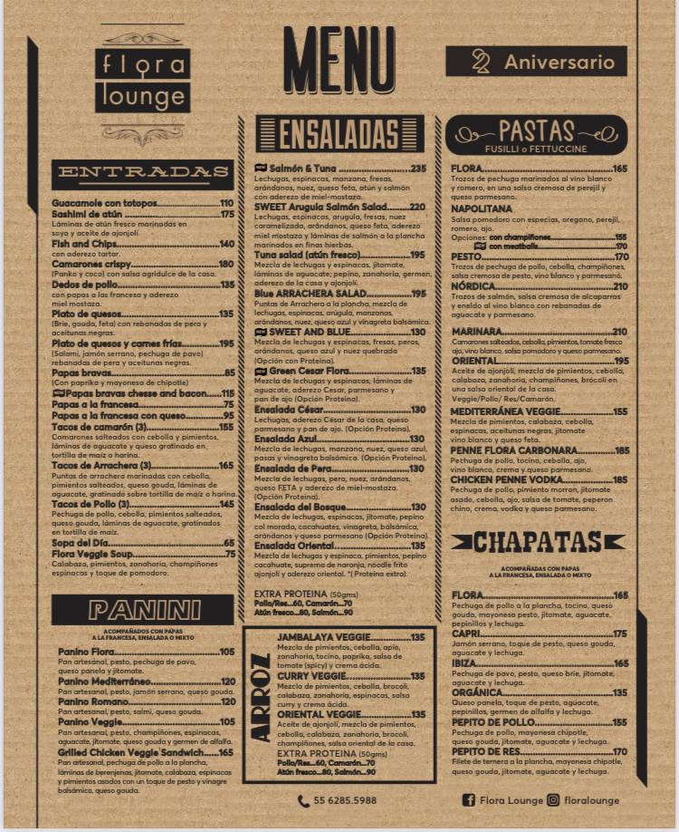 Carta del restaurante Flora Lounge, Ciudad del México