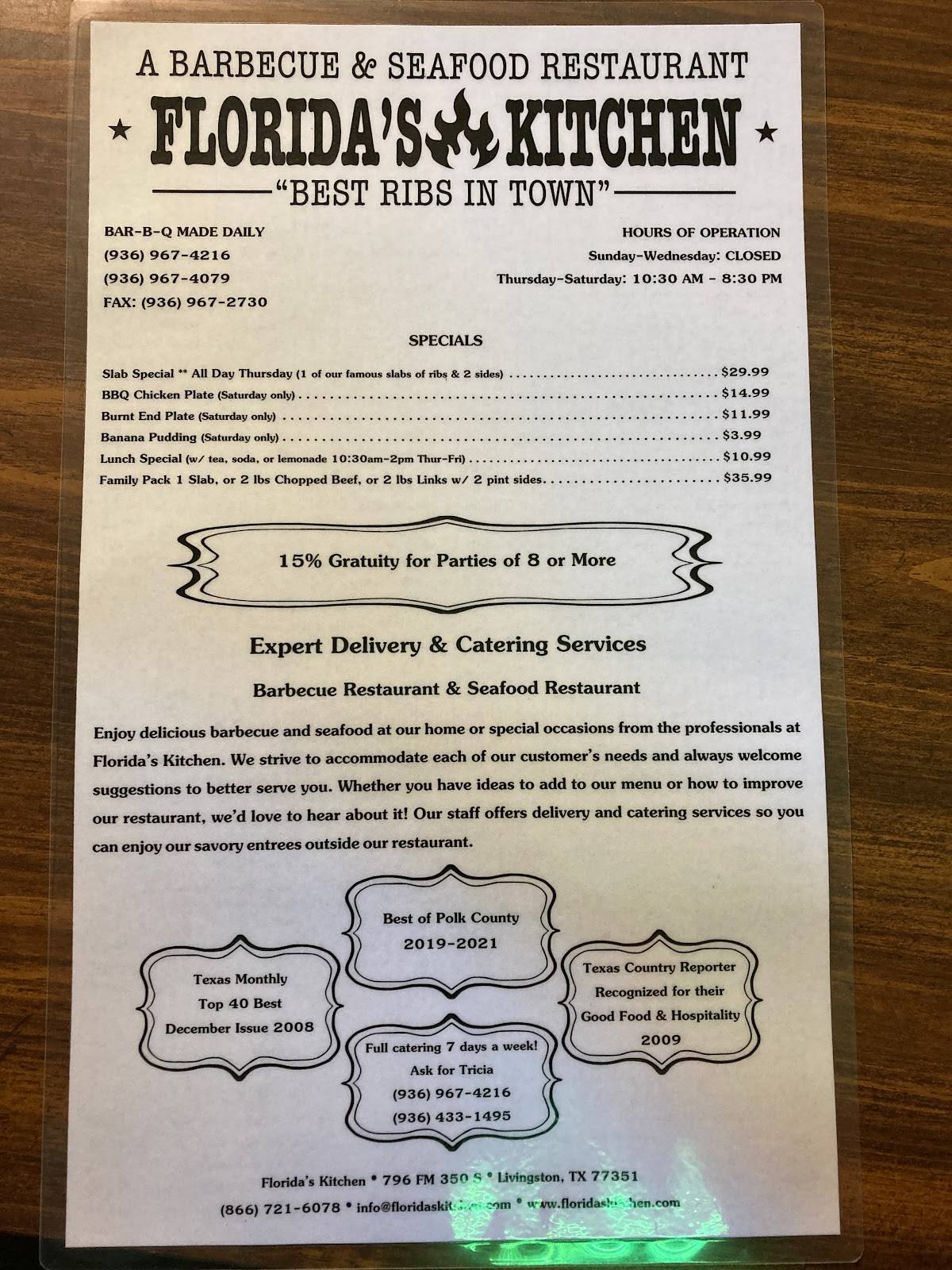 Menu at Florida's Kitchen BBQ, Livingston