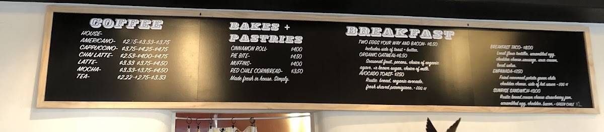 Menu at Flying Roadrunner Bakery, Albuquerque