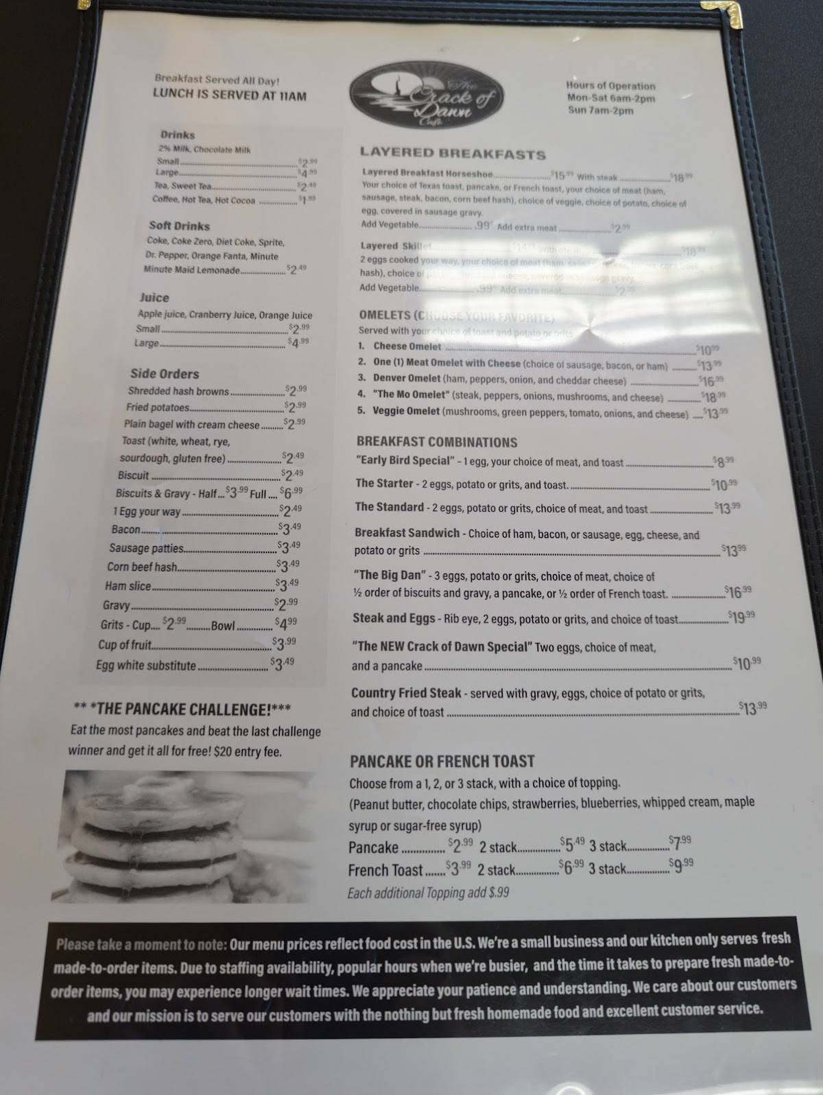 Menu at The Crack of Dawn Cafe, Fort Walton Beach
