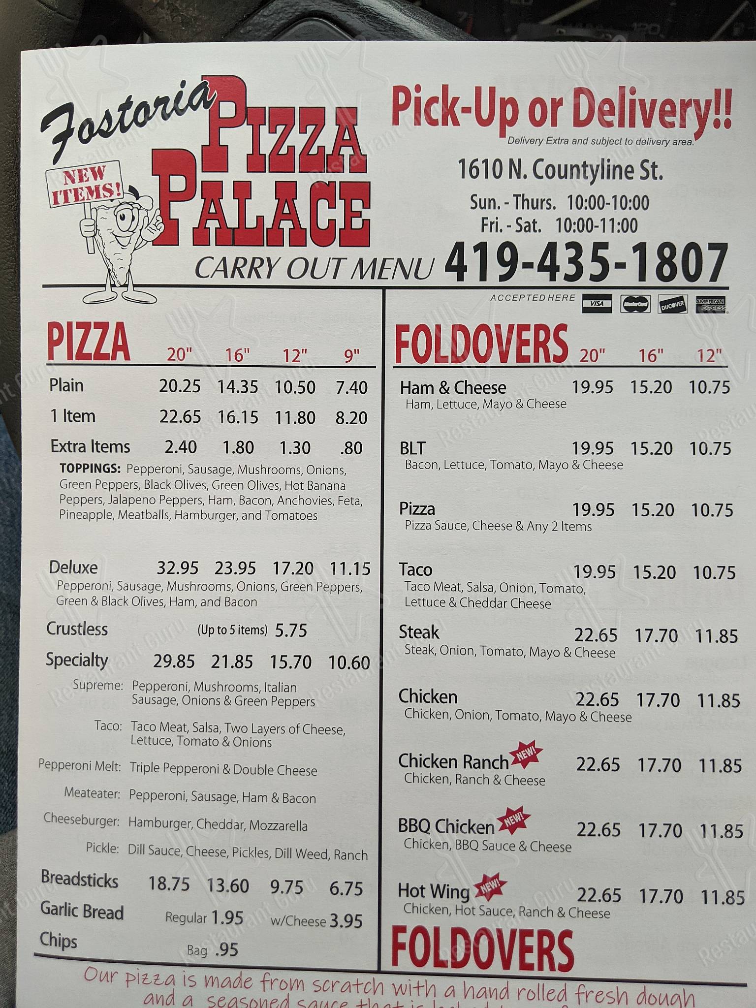 Menu at Fostoria Pizza Palace restaurant, Fostoria, N County Line St