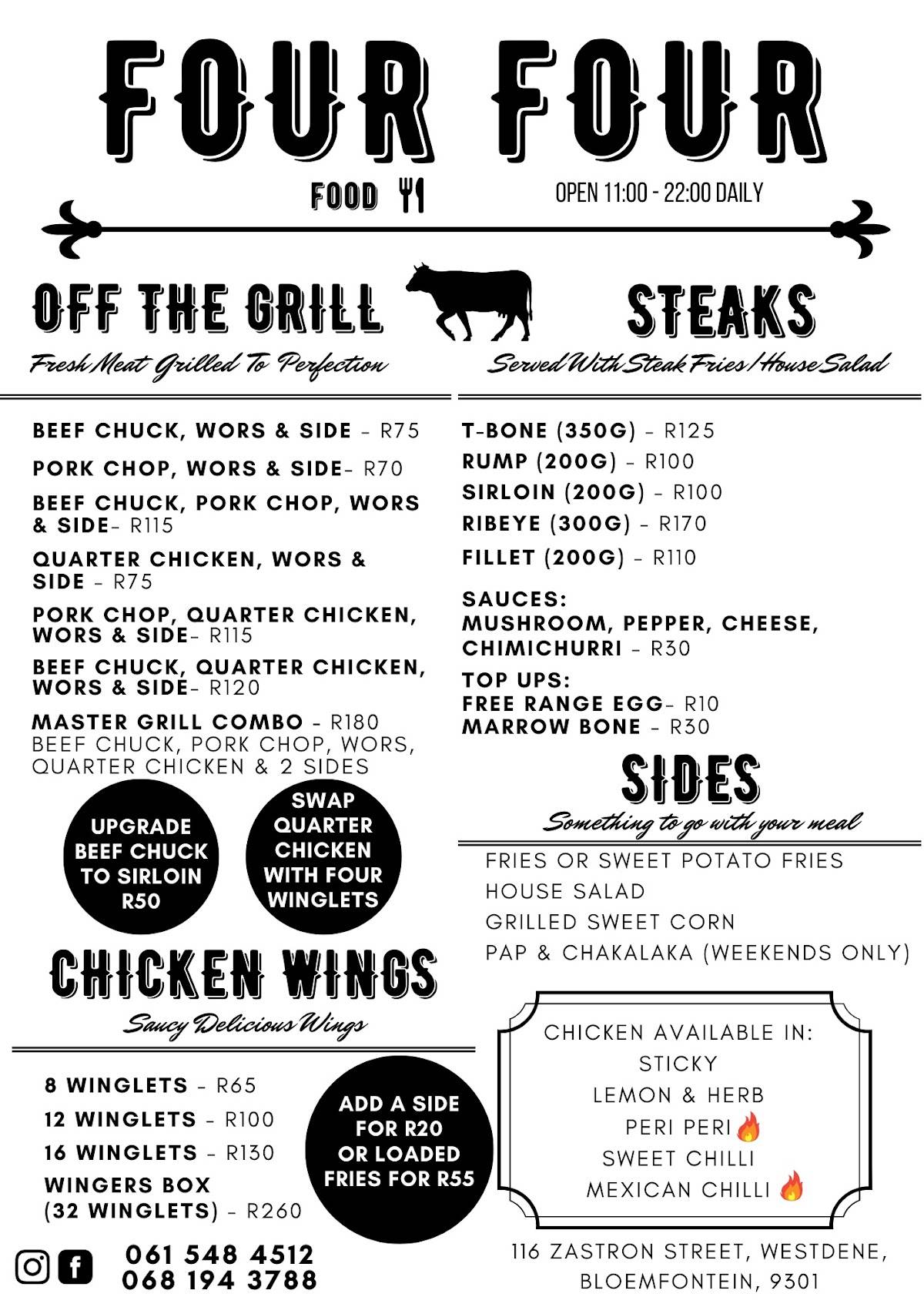 Menu at Four Four Bar & Restaurant, Bloemfontein