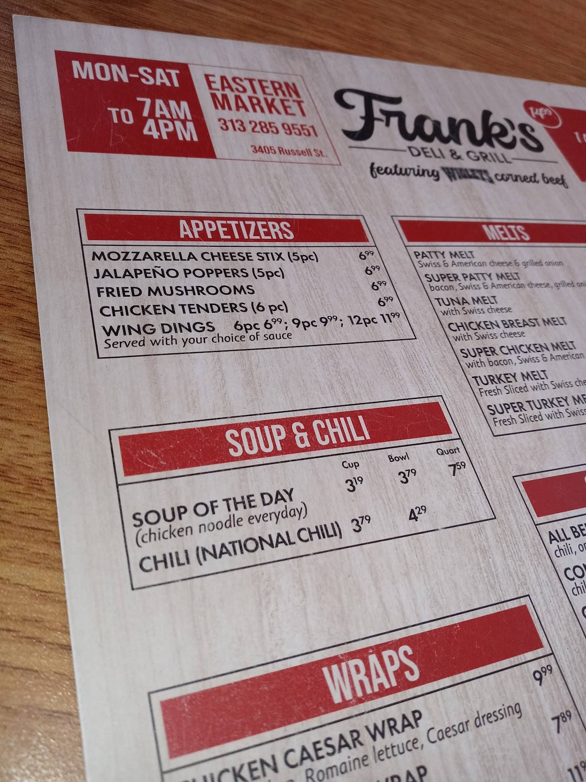 Menu at Frank's Deli & Grill restaurant, Detroit
