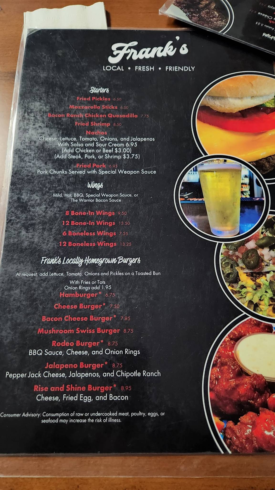 Menu at Frank’s pub & bar, Sparta