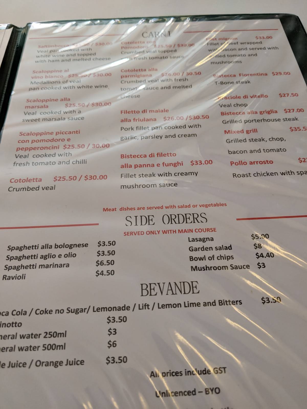 Menu at Capri Restaurant, Fremantle