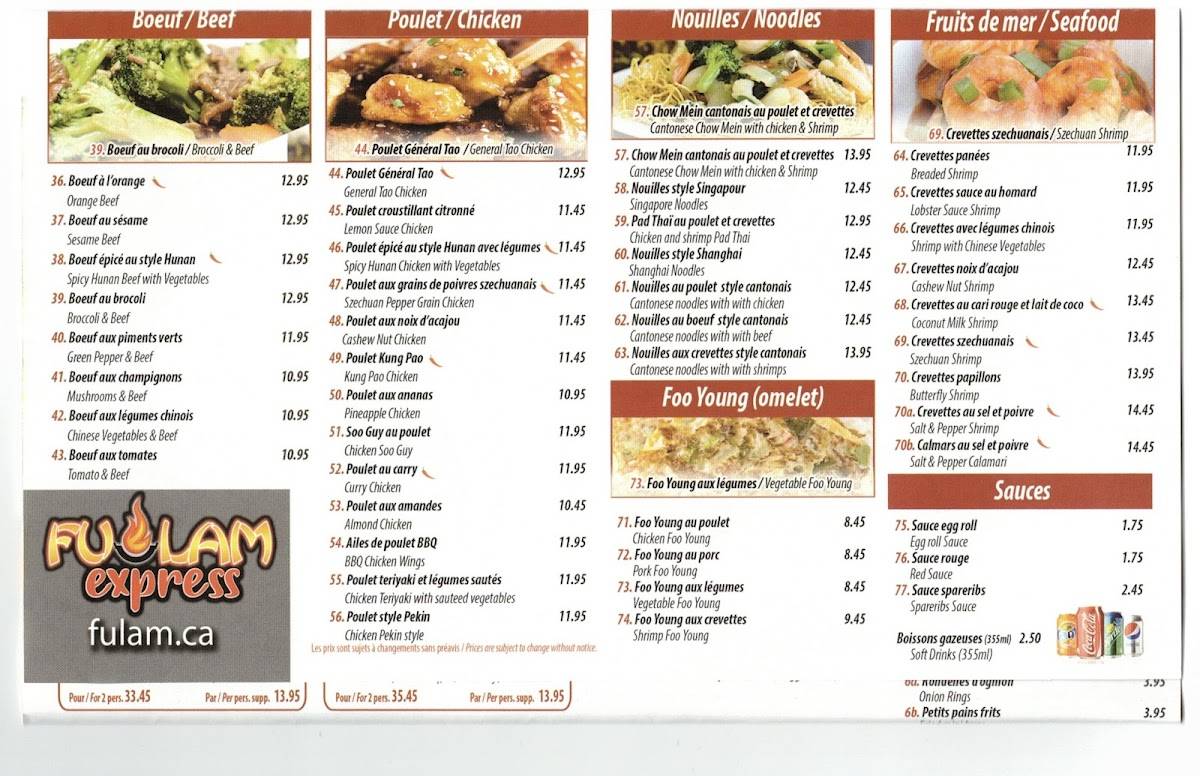 Menu au Fu Lam Express Auteuil restaurant, Laval