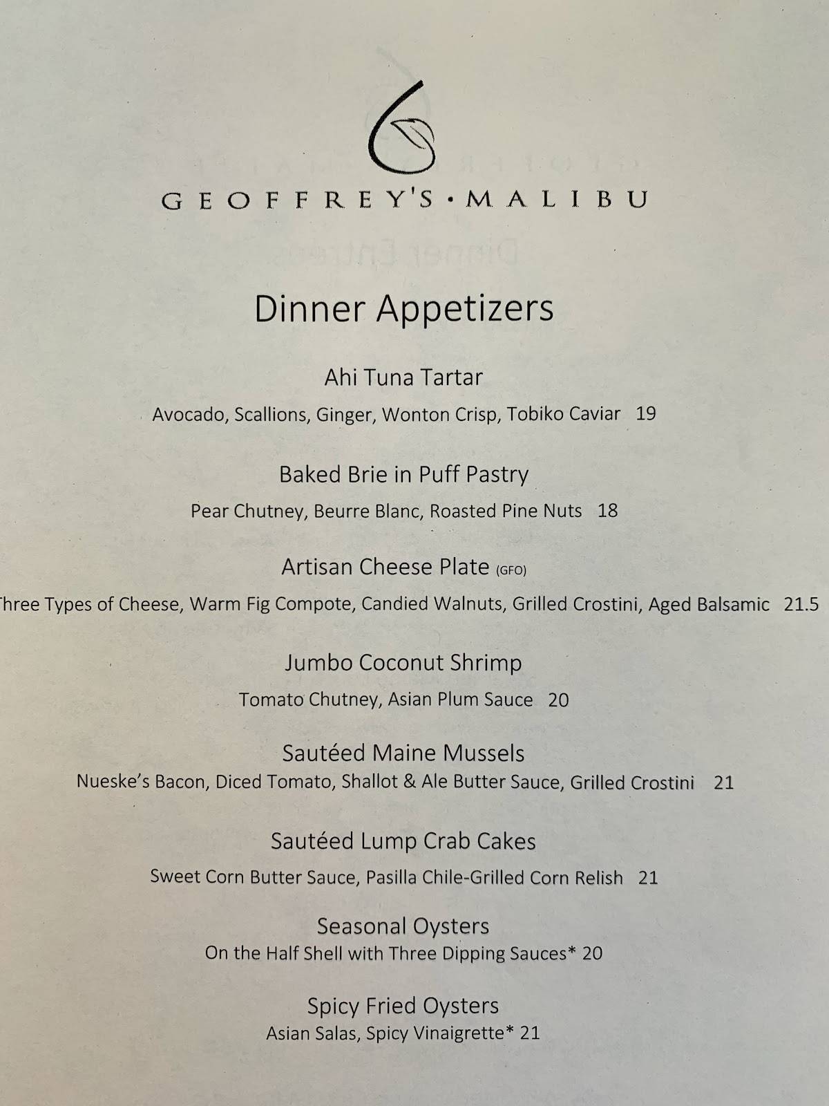 Menu at Geoffrey's restaurant, Malibu