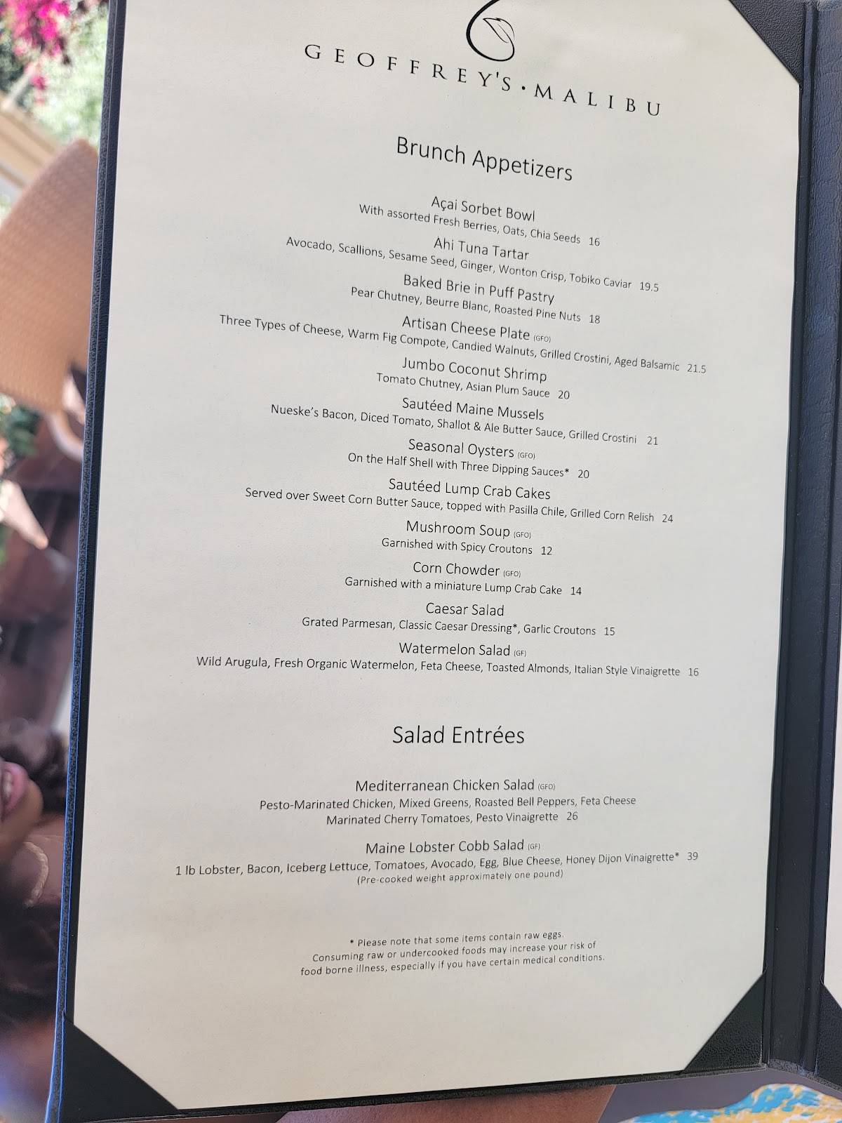Menu at Geoffrey's restaurant, Malibu