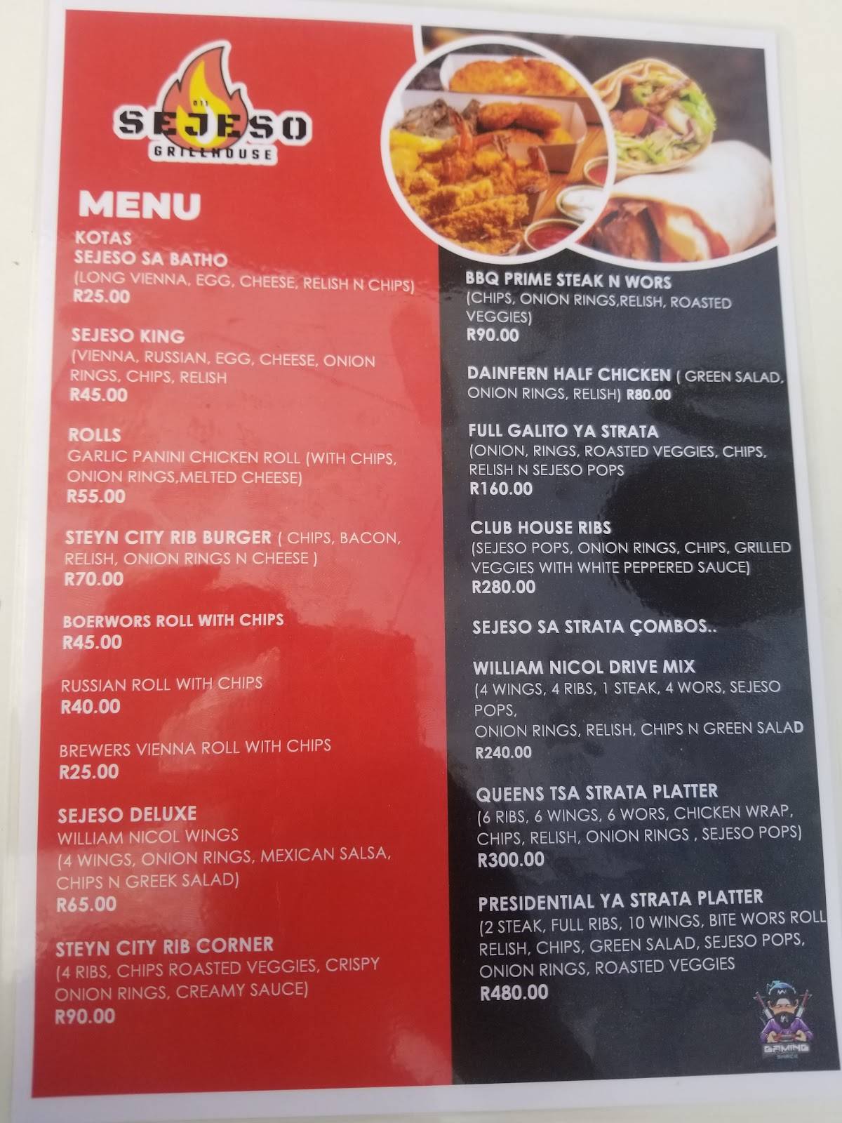 Menu at Gaming shack + Sejeso GRILLHOUSE restaurant, Randburg