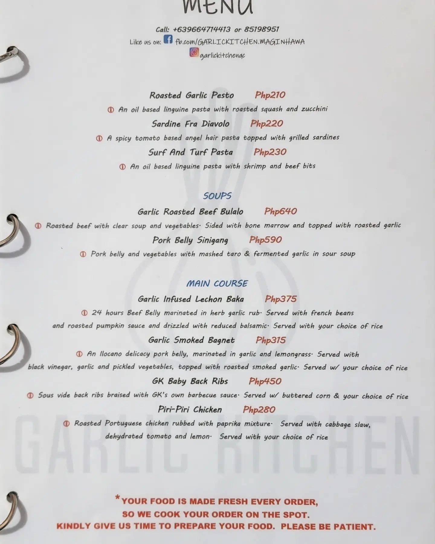 Menu at Garlic Kitchen restaurant, Quezon City