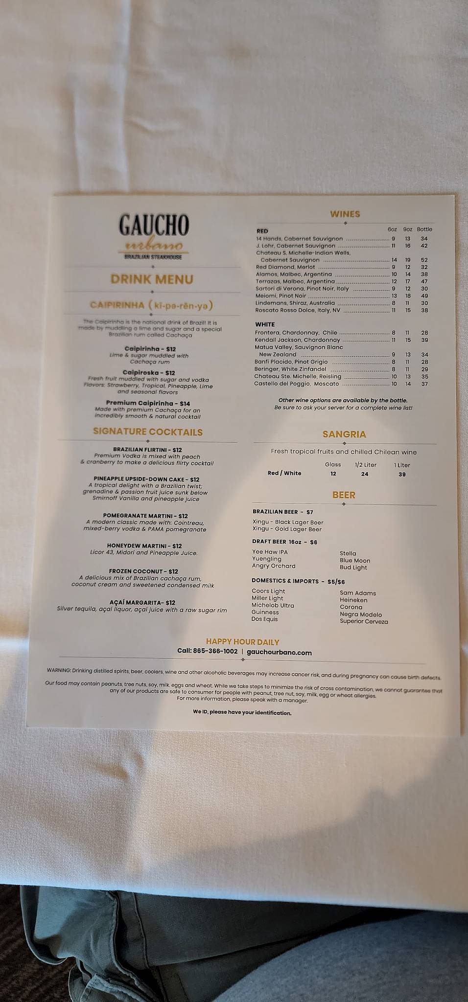 Menu at Gaucho Urbano - Brazilian Steakhouse, Pigeon Forge