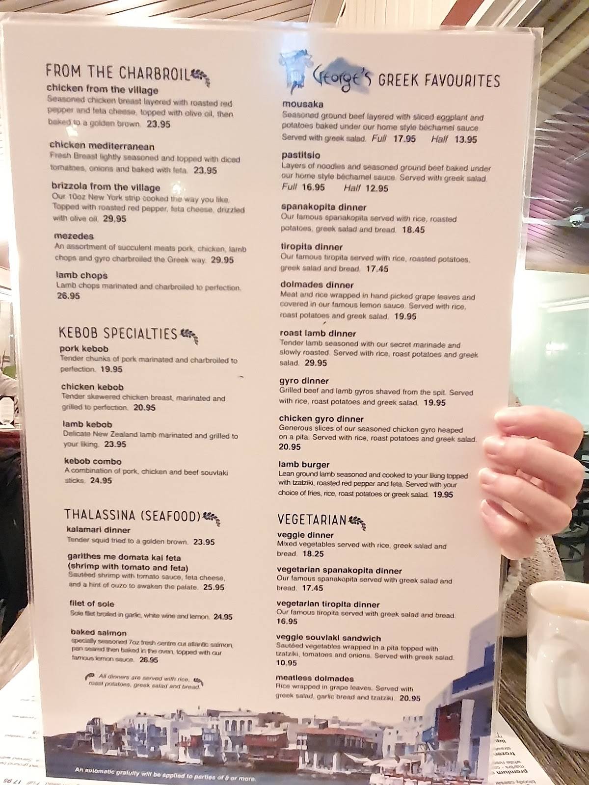 Menu at George's Greek Village restaurant, St. Catharines, 535 Queenston St