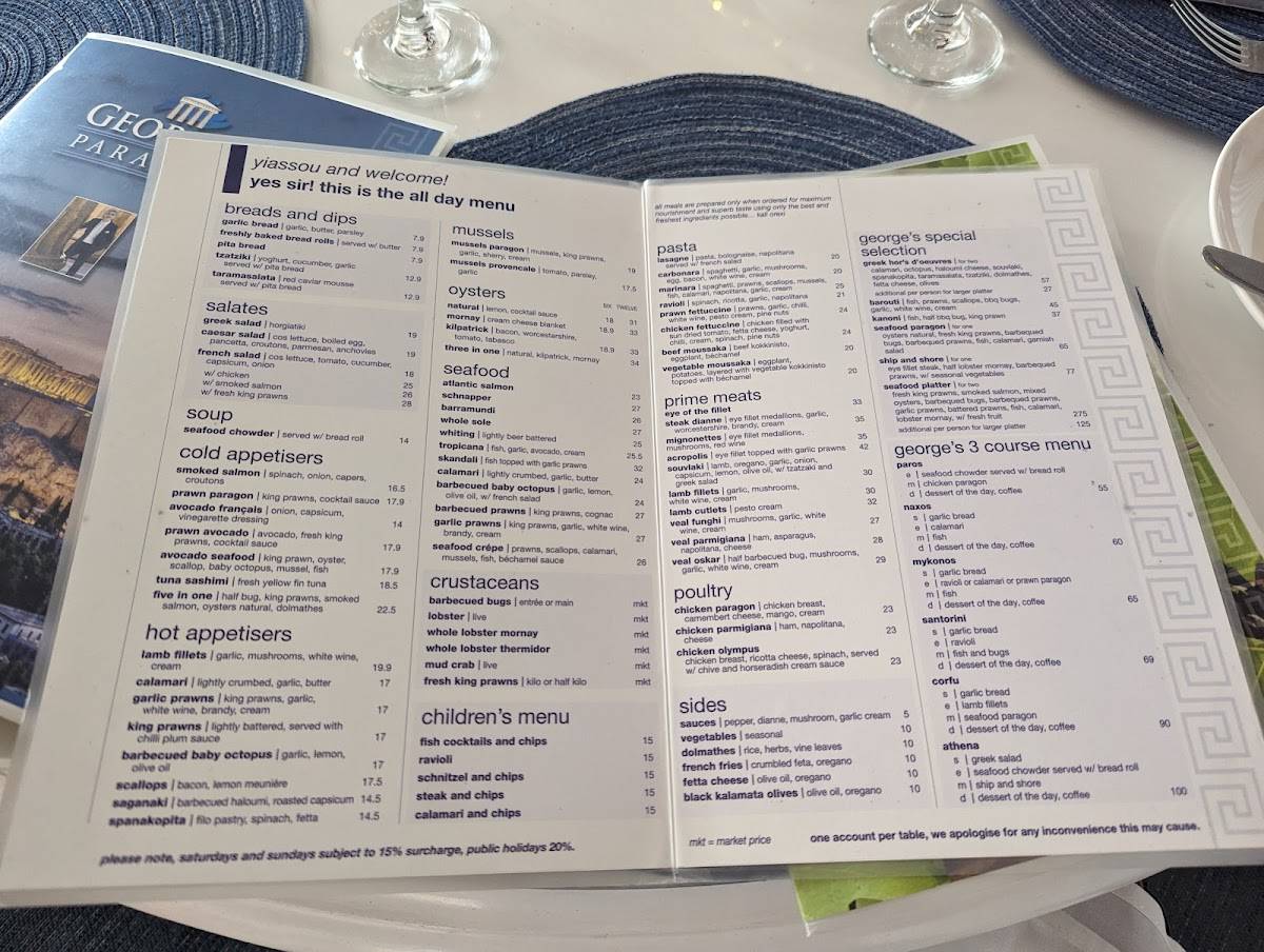 Menu at George's Paragon Coolangatta restaurant, Coolangatta, The Strand