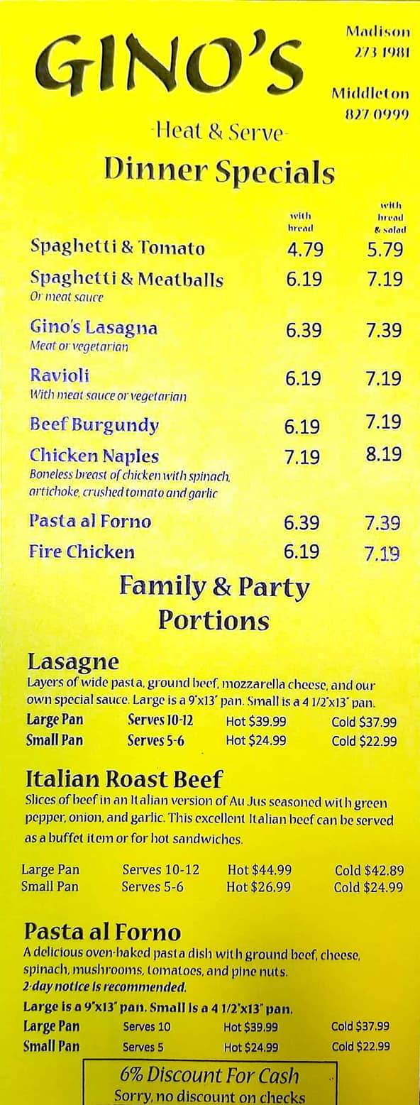Menu at Gino's Italian Deli restaurant, Middleton, Century Ave