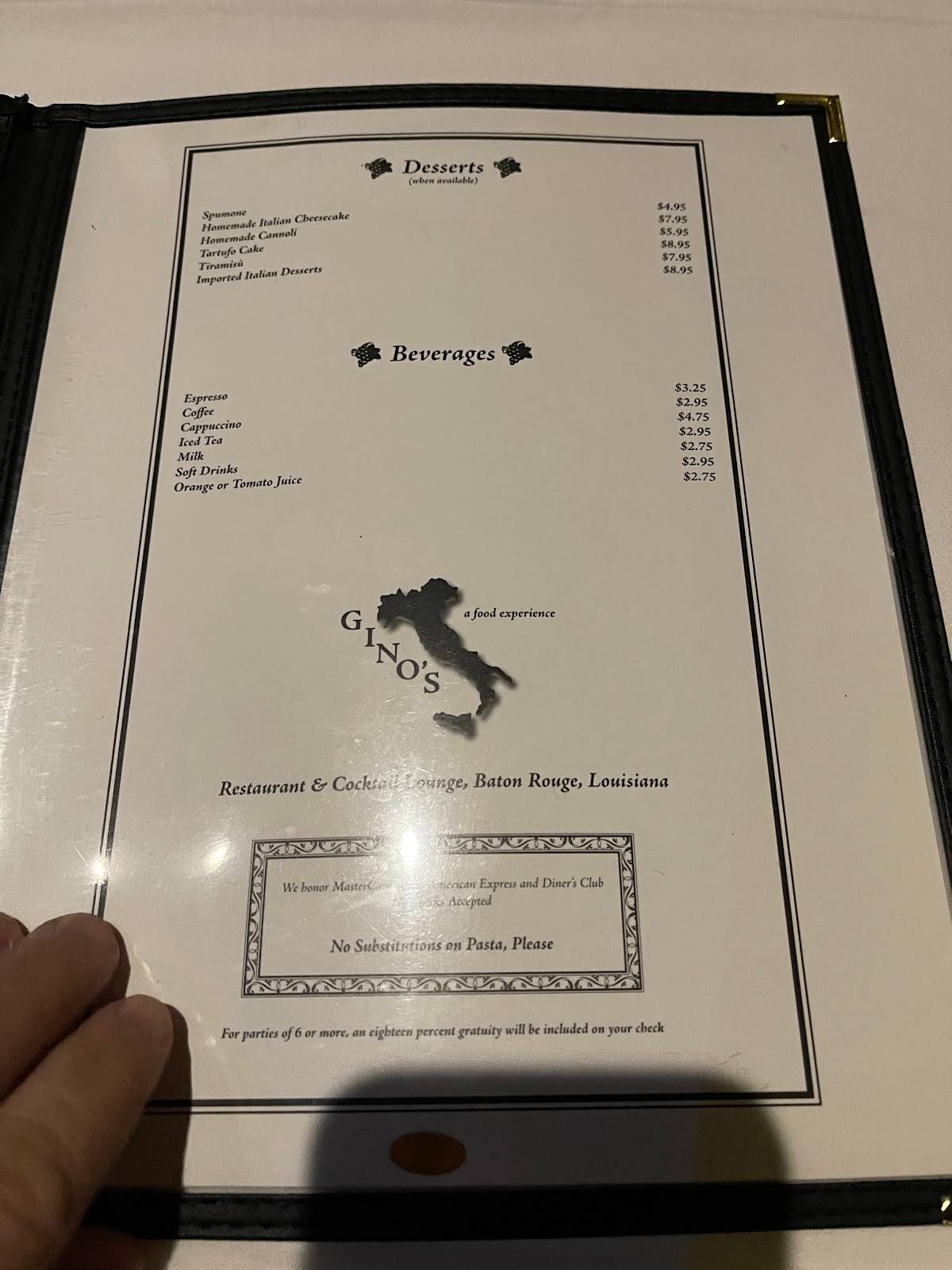 Menu at Gino's Restaurant, Baton Rouge