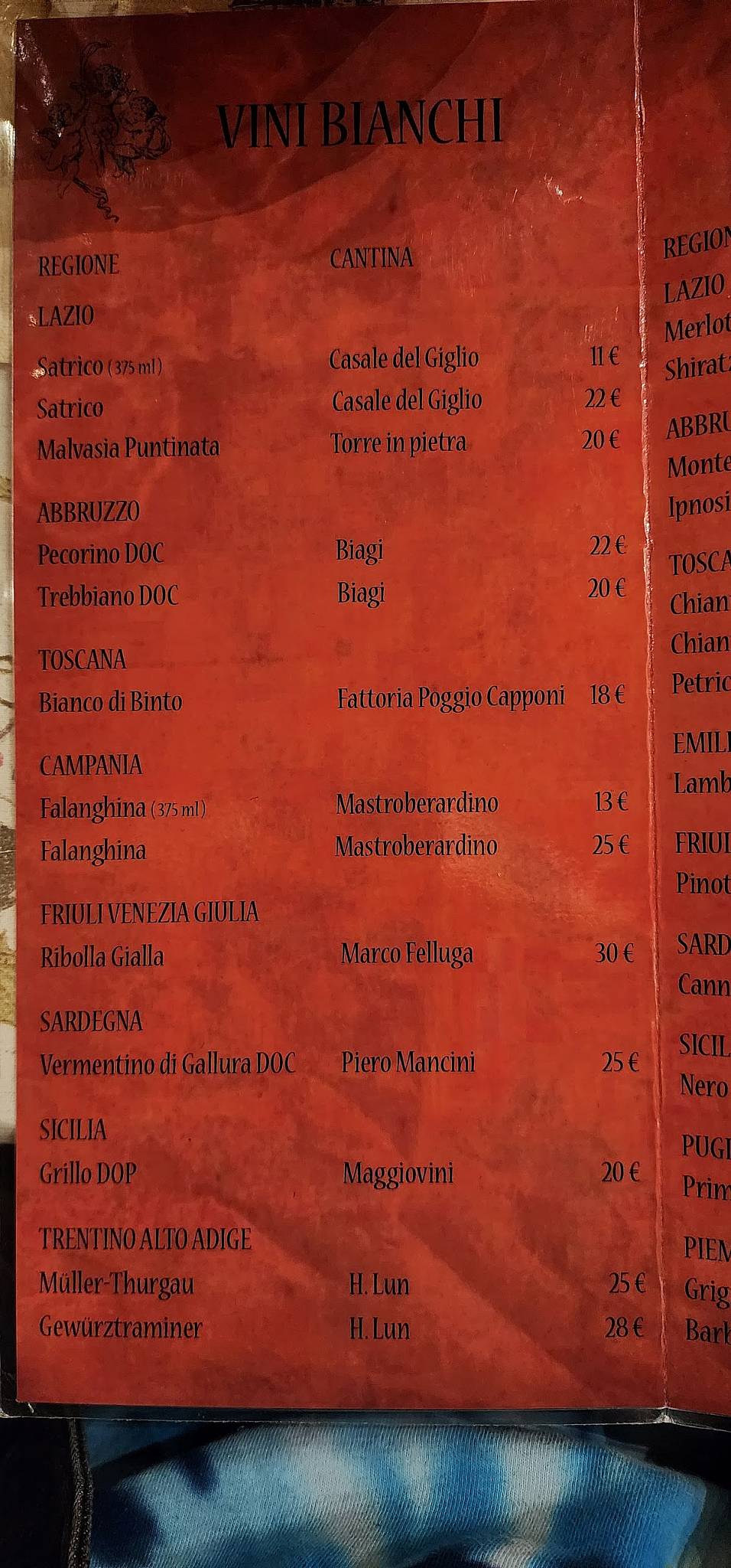 Menu at Gli Angeletti restaurant, Rome, Via dell'Angeletto