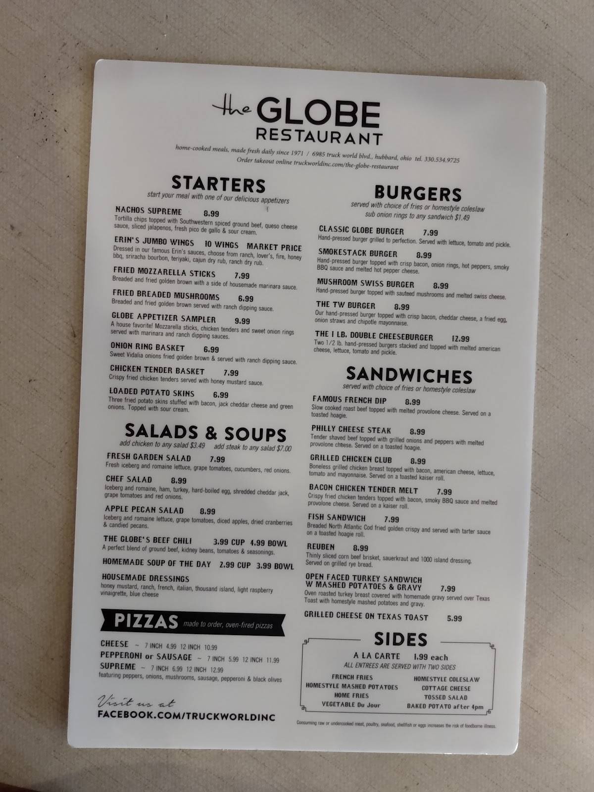 Menu at Globe Restaurant, Hubbard