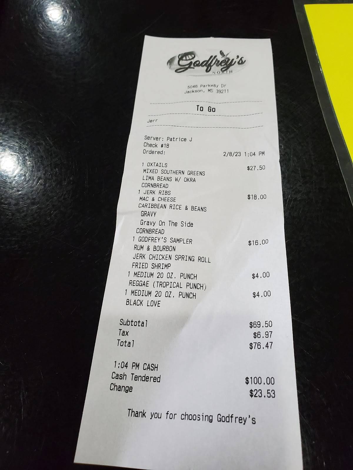 Menu at Godfrey's restaurant, Jackson, Parkway Dr