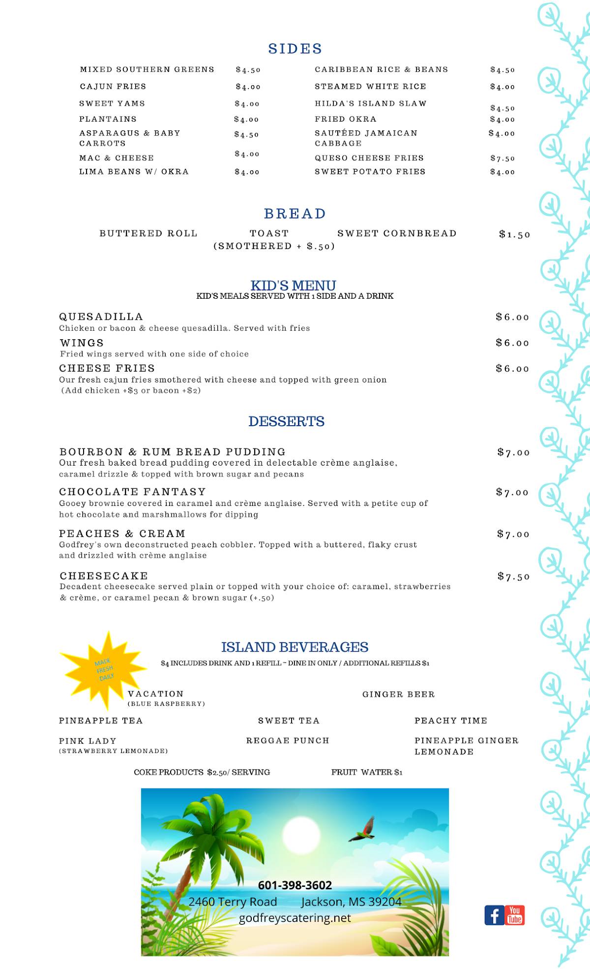 Menu at Godfrey's restaurant, Jackson, Parkway Dr
