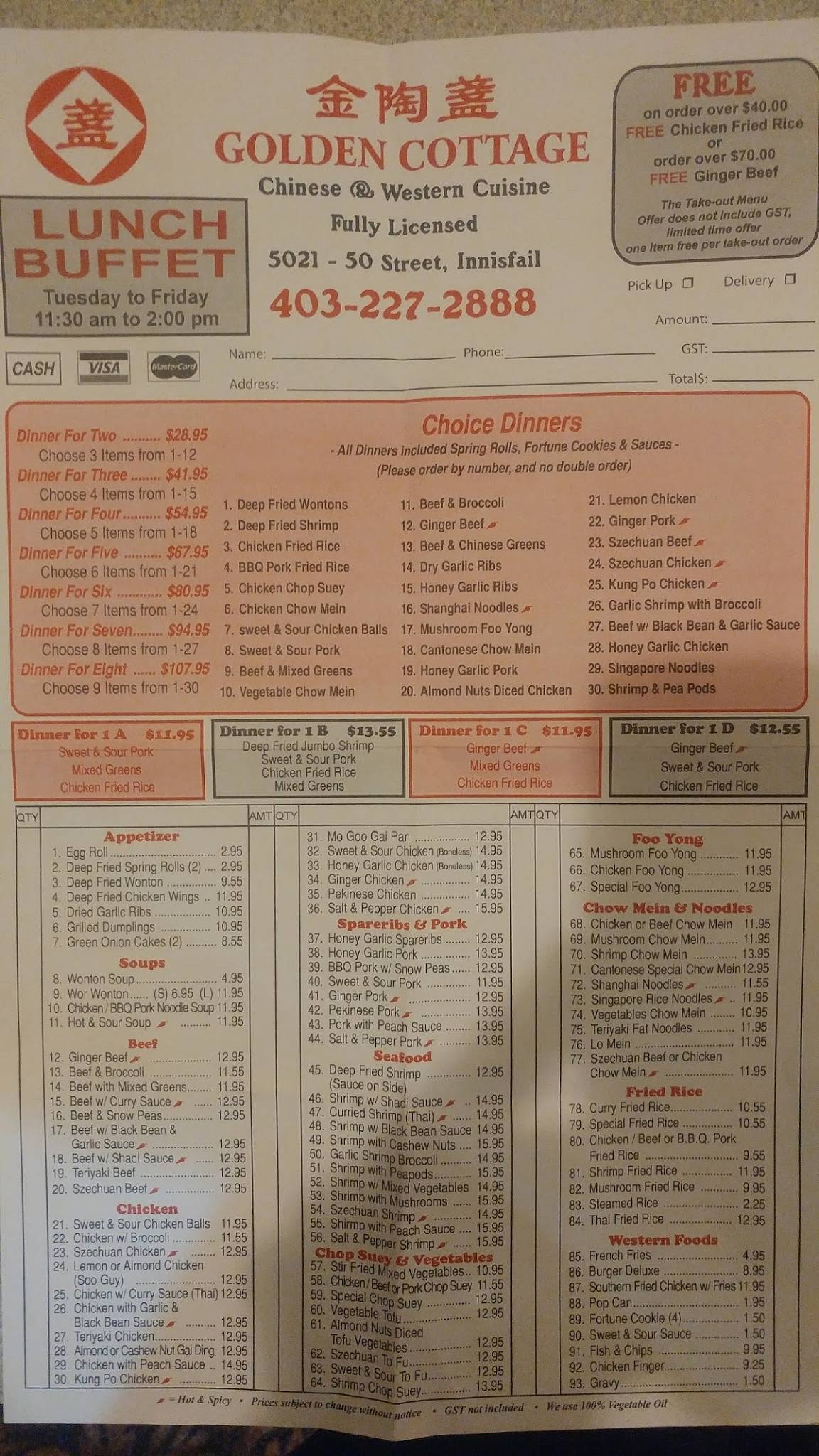 Menu at Golden Cottage restaurant, Innisfail