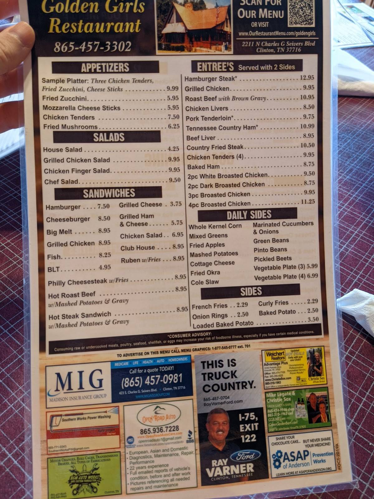 Menu at Golden Girls Restaurant, Clinton