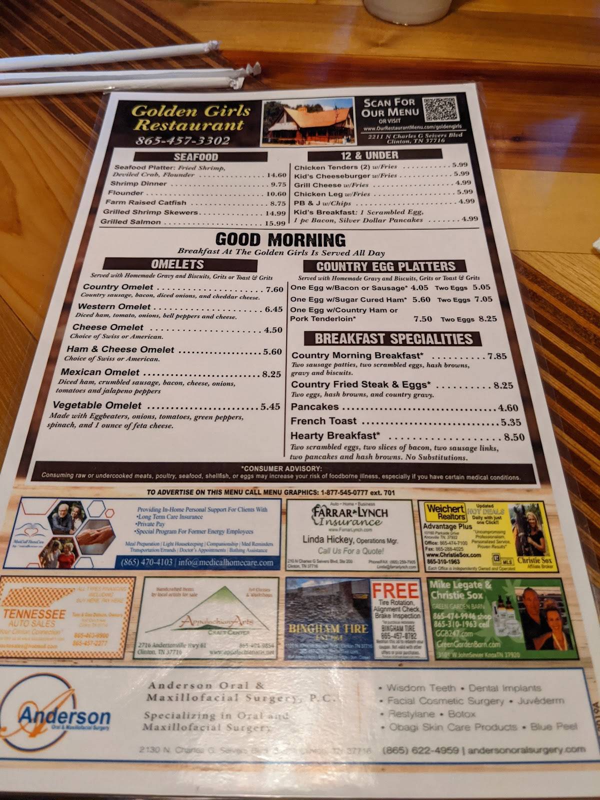 Menu at Golden Girls Restaurant, Clinton