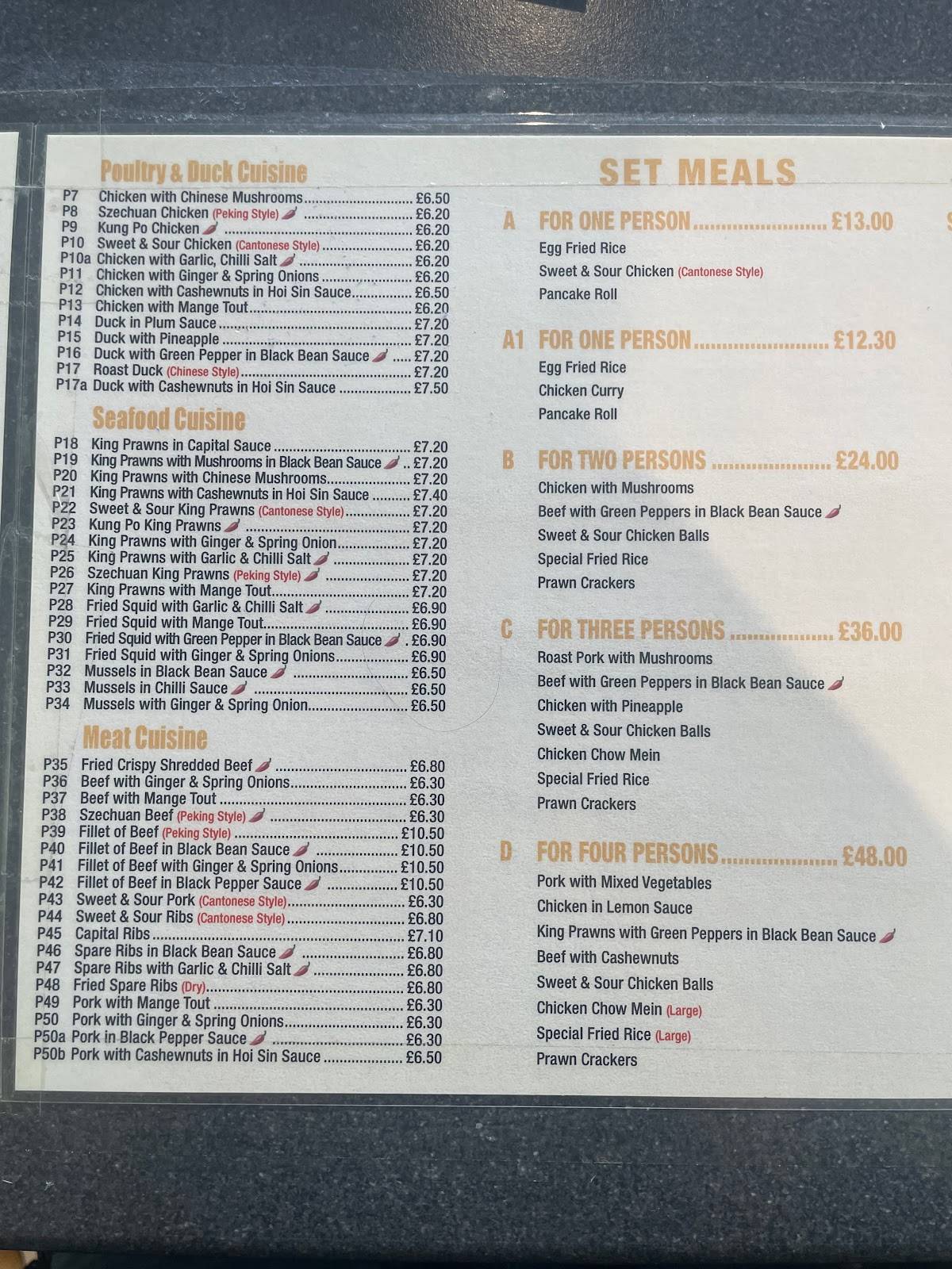 Menu at Golden Palace fast food, Rayleigh