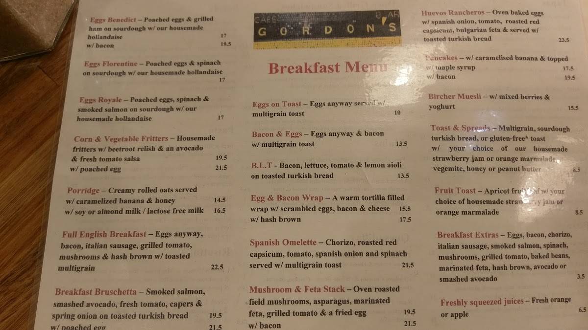Menu at Gordon's Cafe & Bar, Melbourne