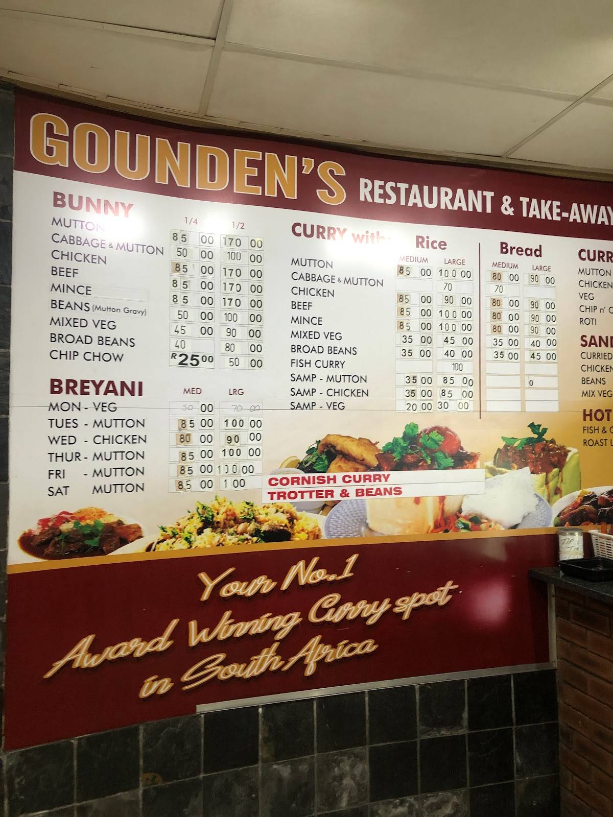 Menu at Gounden's Restaurant & Take Away, Durban