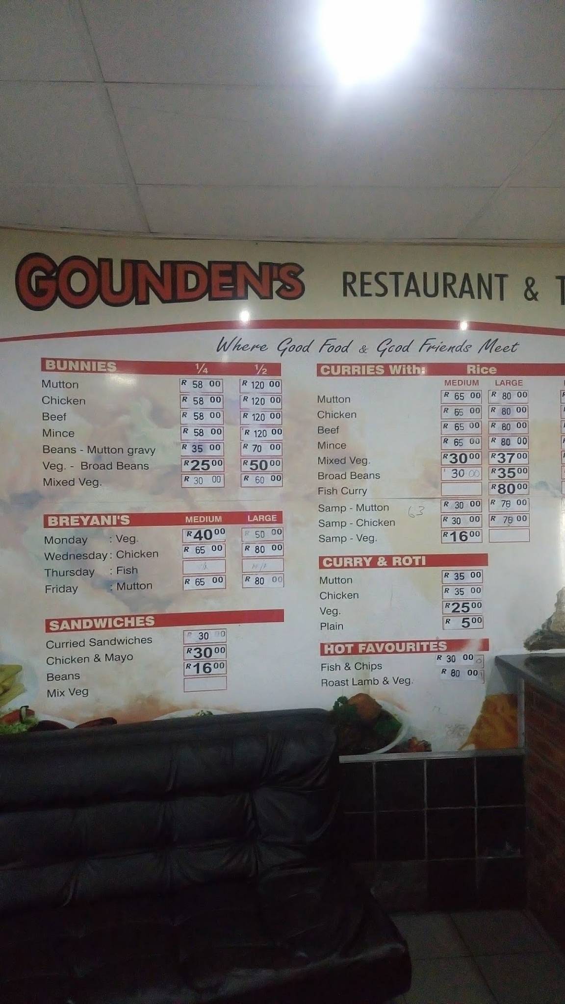 Menu at Gounden's Restaurant & Take Away, Durban