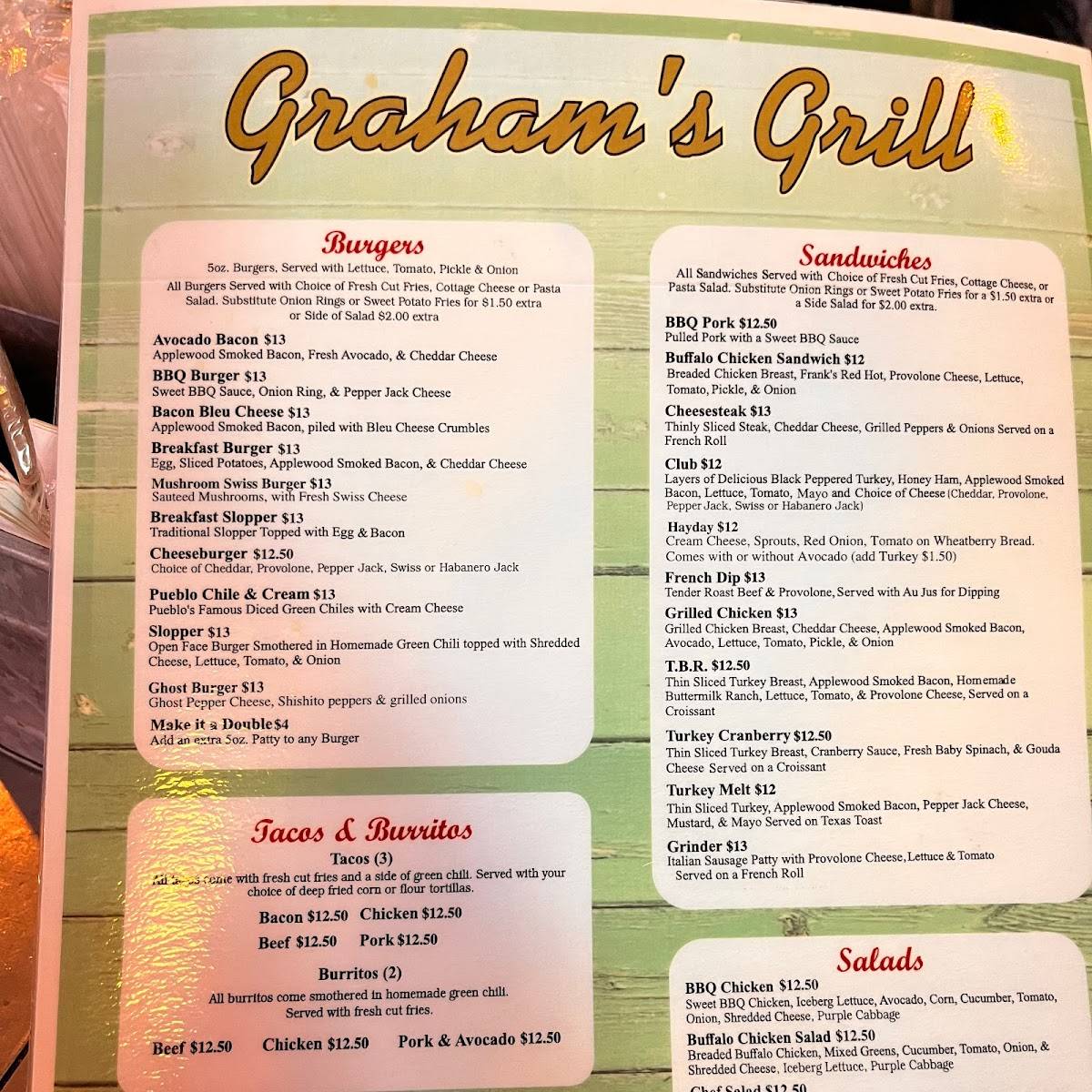 Menu at Graham's Grill 3 pub & bar, Pueblo
