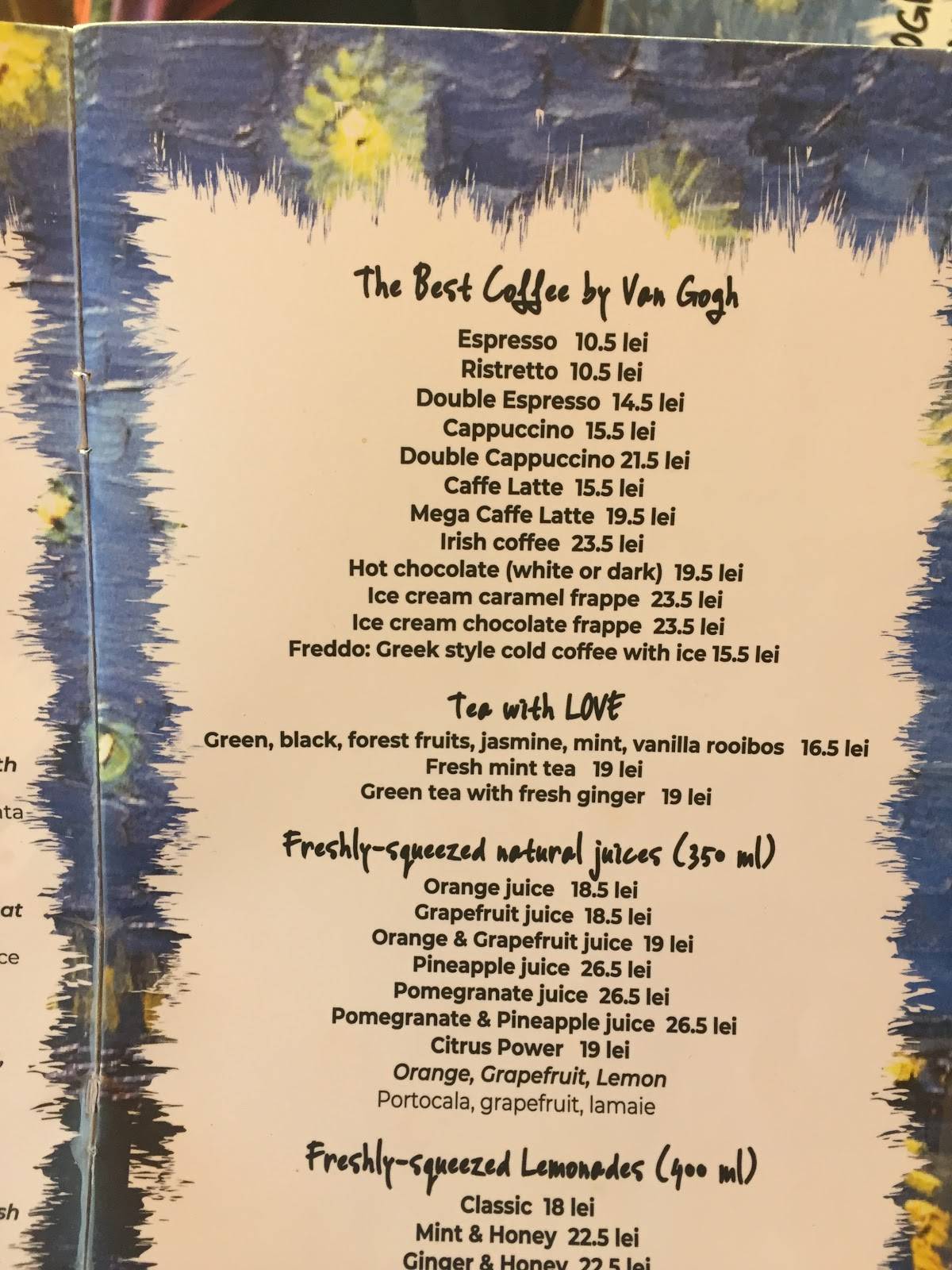 Menu at Grand Café Van Gogh, Bucharest