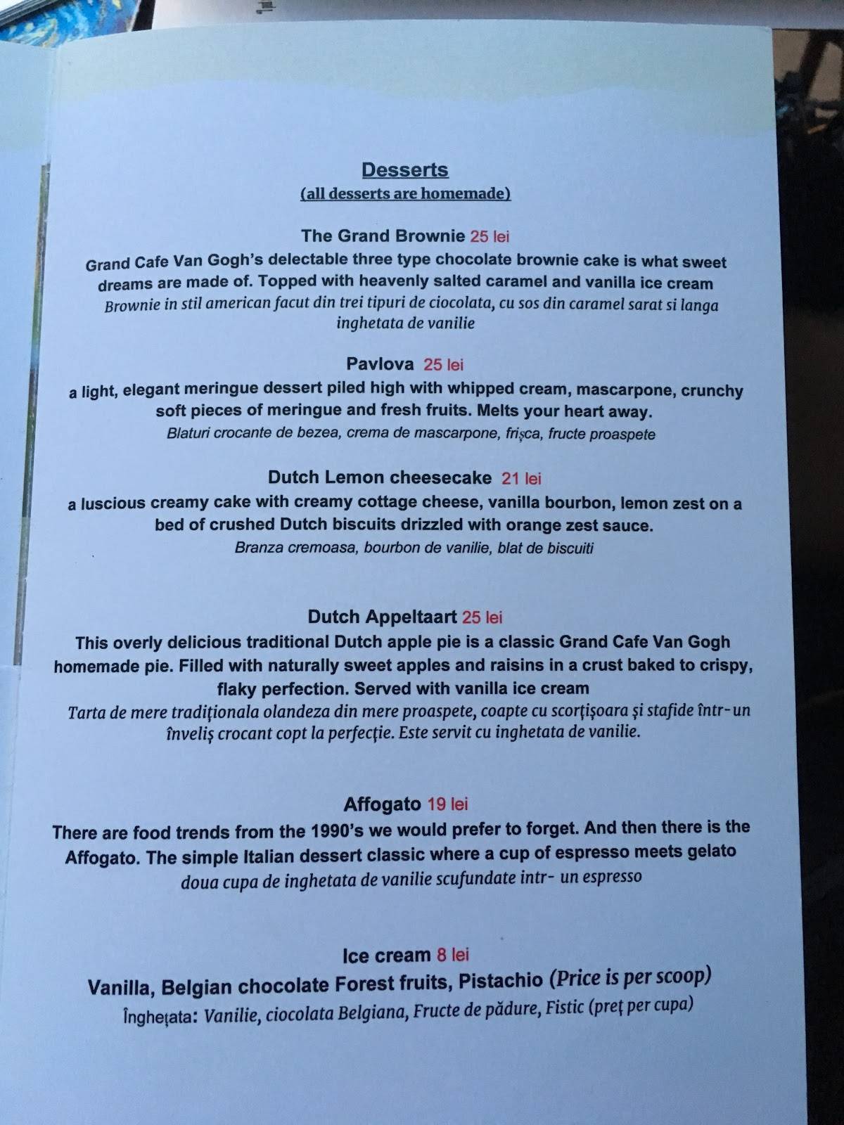 Menu at Grand Café Van Gogh, Bucharest