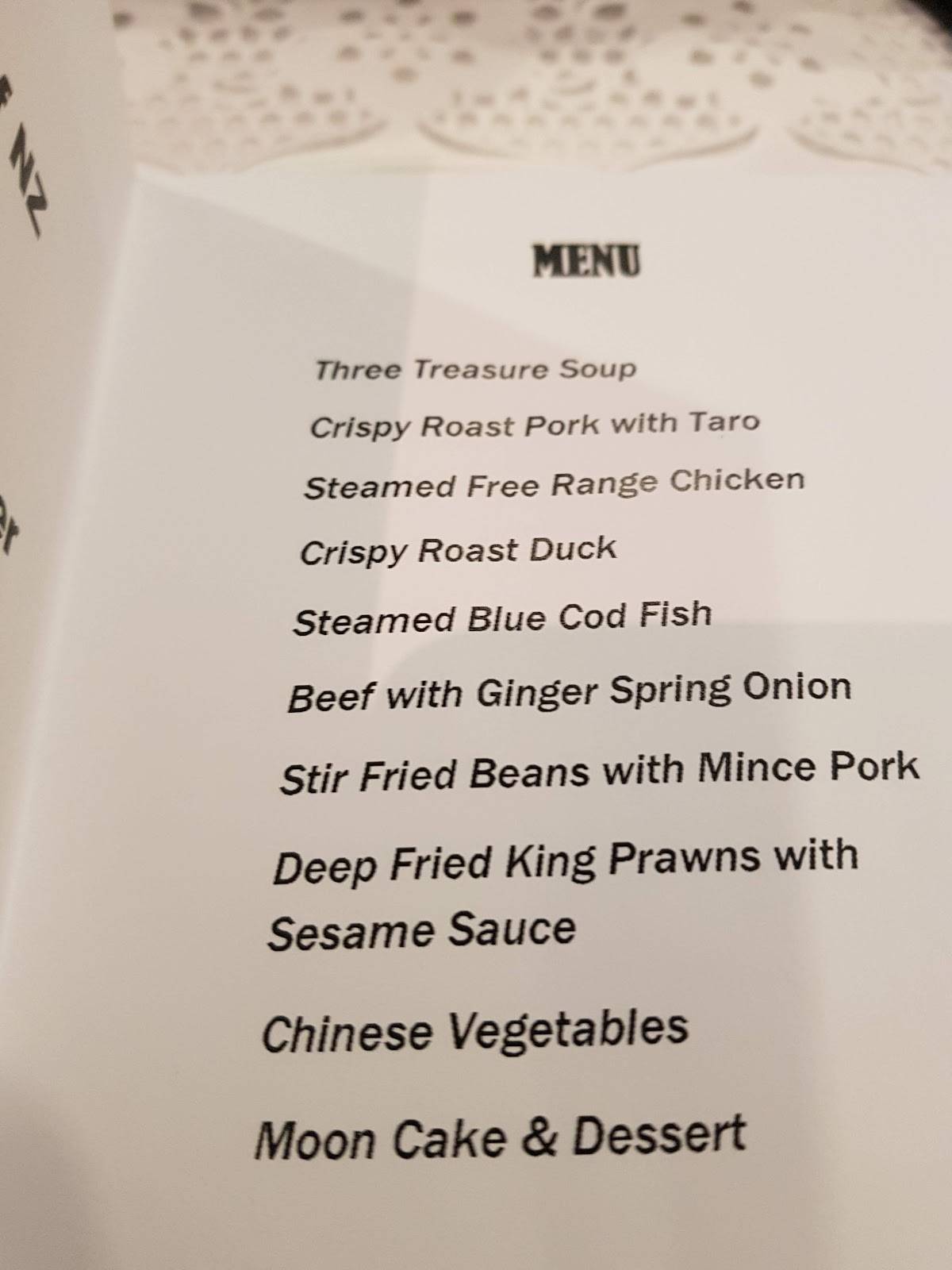 Menu at Grand Century restaurant, Wellington