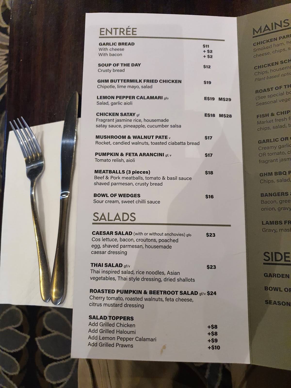 Menu at Grand Hotel Mornington restaurant, Mornington