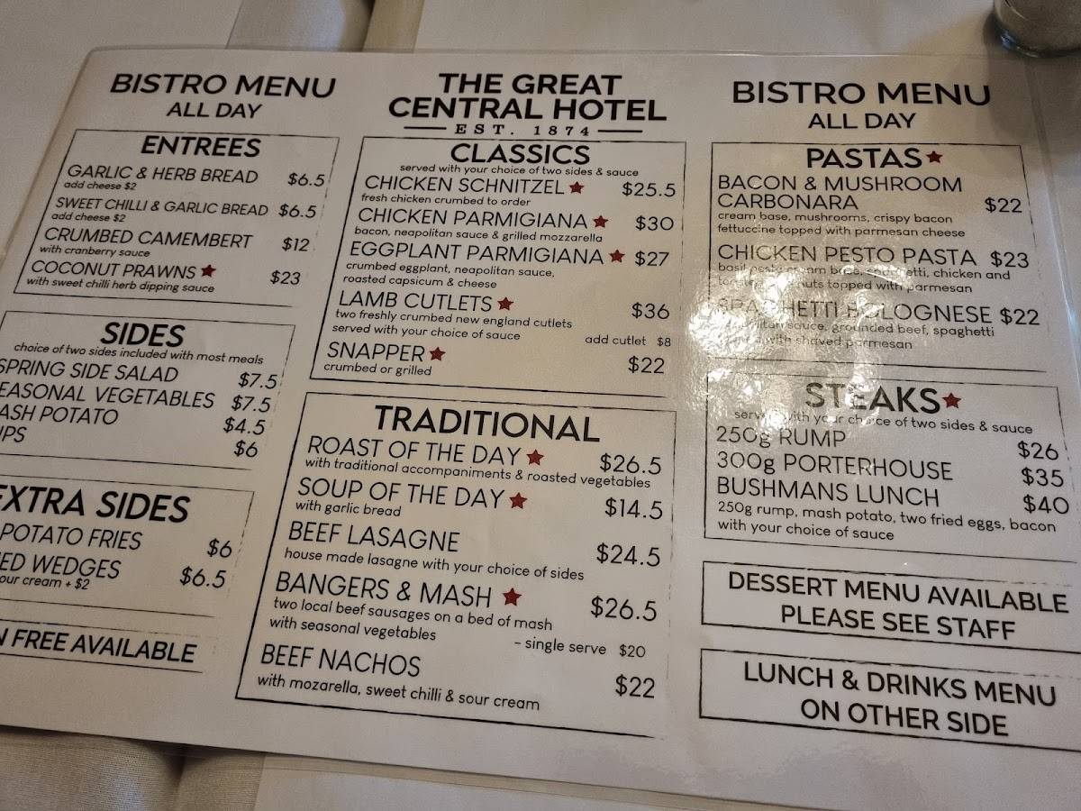 Menu at Great Central Hotel pub & bar, Glen Innes