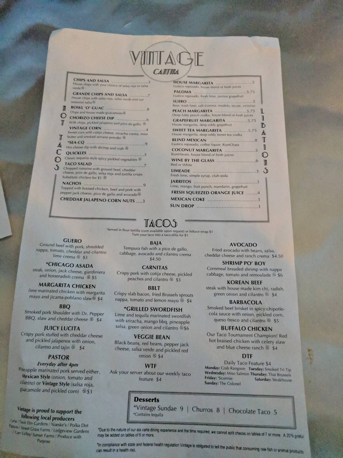 Menu at Vintage Cantina pub & bar, Green Bay