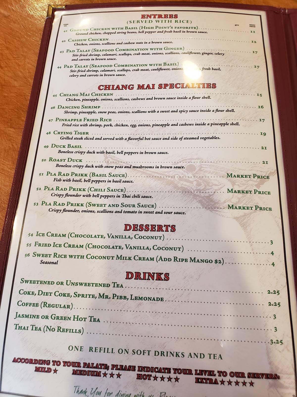 Menu at Thai Chiang Mai Restaurant, Greensboro