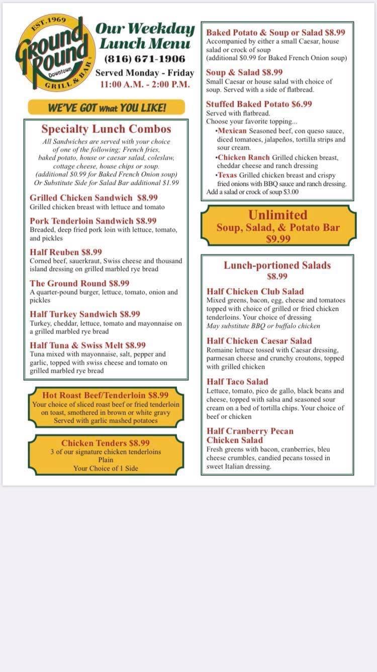 Menu at Ground Round Grill & Bar, Saint Joseph, 119 S 6th St