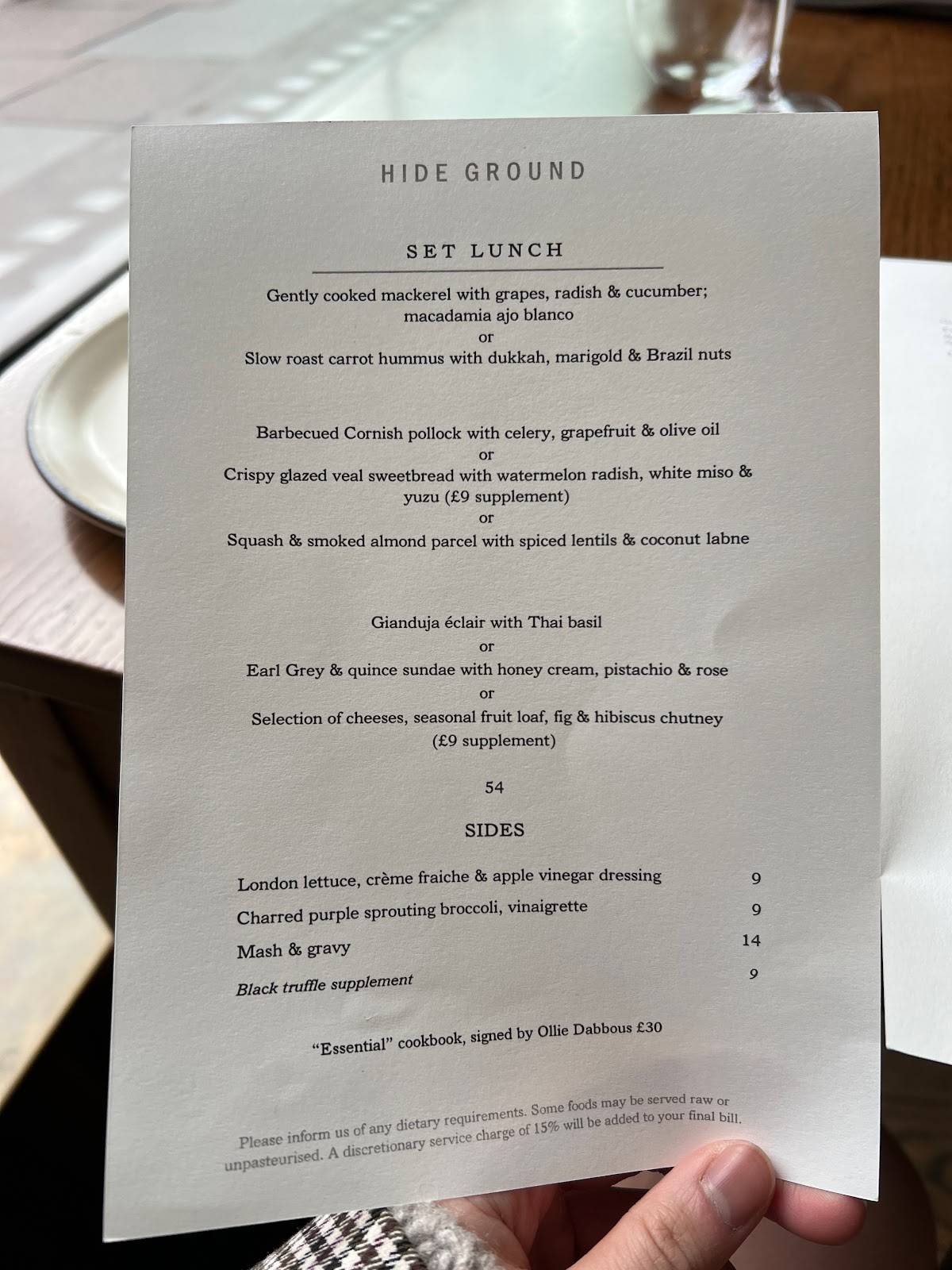 Menu at HIDE pub & bar, London, 85 Piccadilly