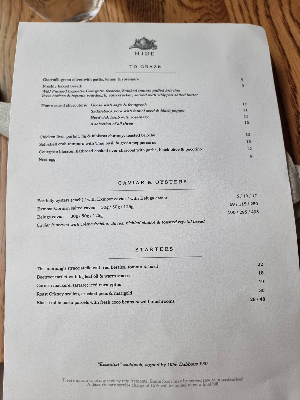Menu at HIDE pub & bar, London, 85 Piccadilly