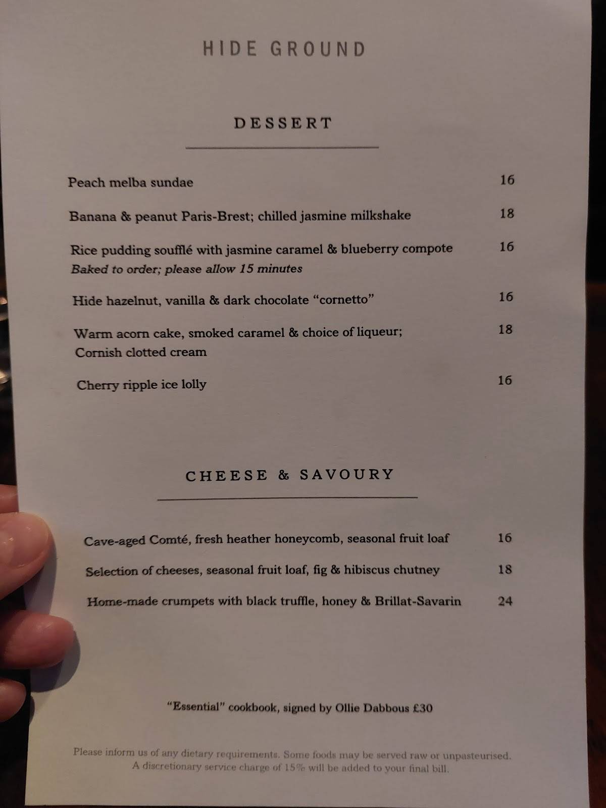 Menu at HIDE pub & bar, London, 85 Piccadilly