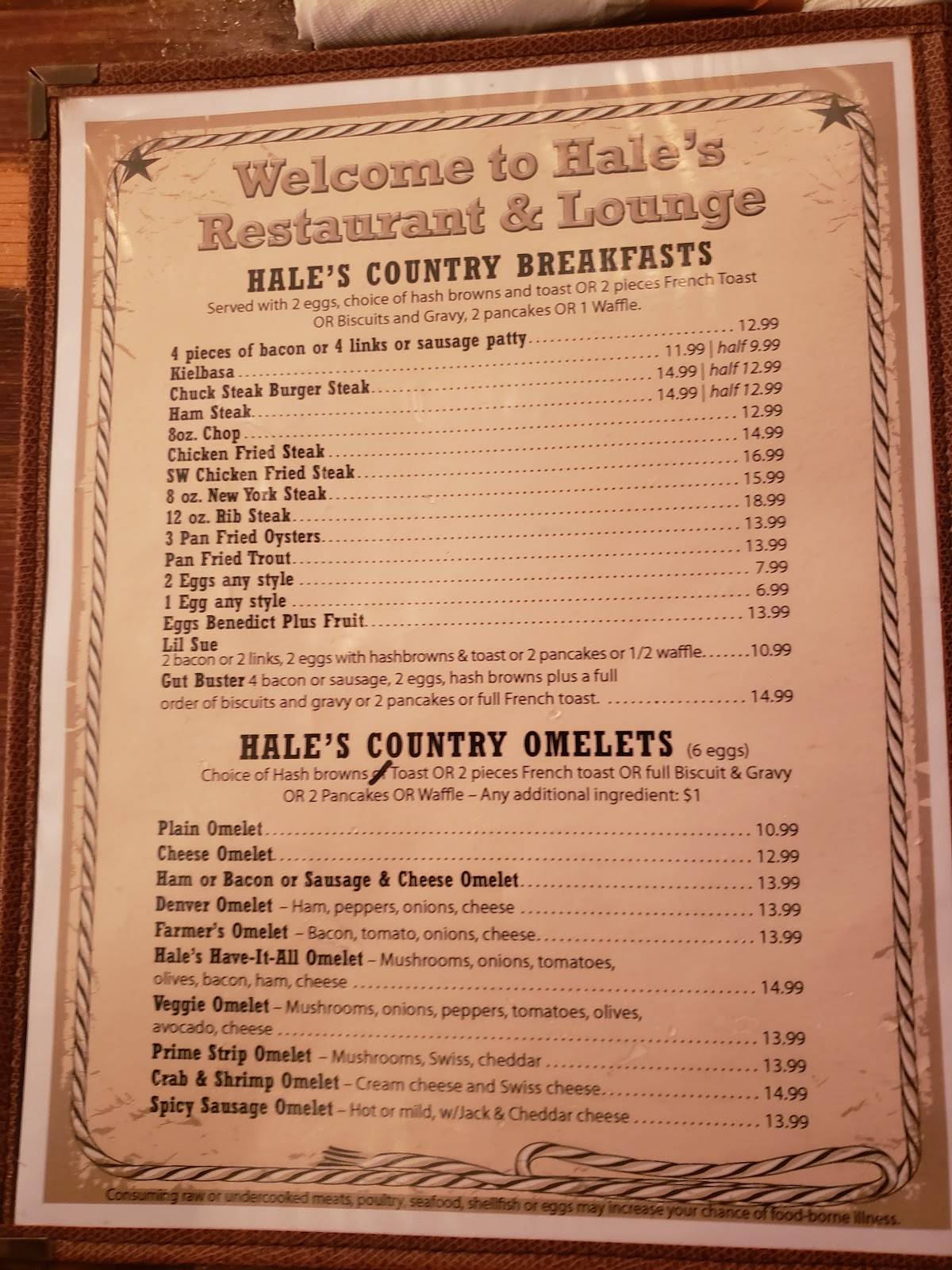 Menu at Hale's Tavern steakhouse, Hermiston