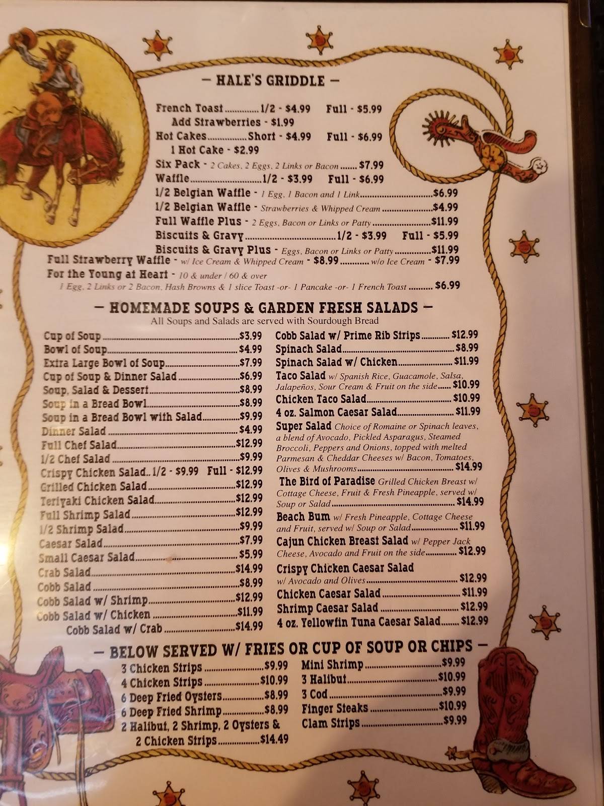 Menu at Hale's Tavern steakhouse, Hermiston